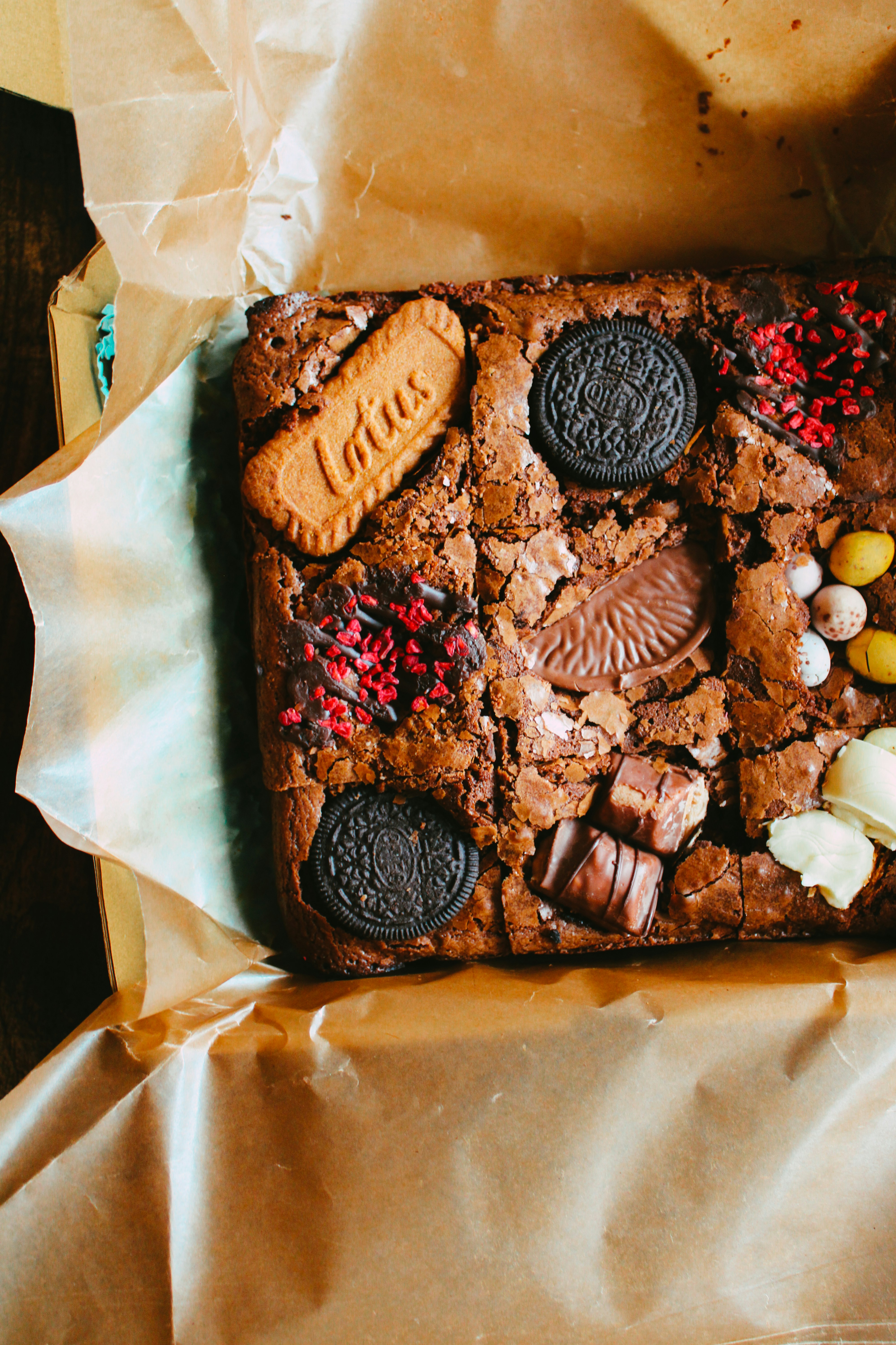 Cracked Cocoa Mosaic: Cookie-Topped Brownie in a Crinkled Box