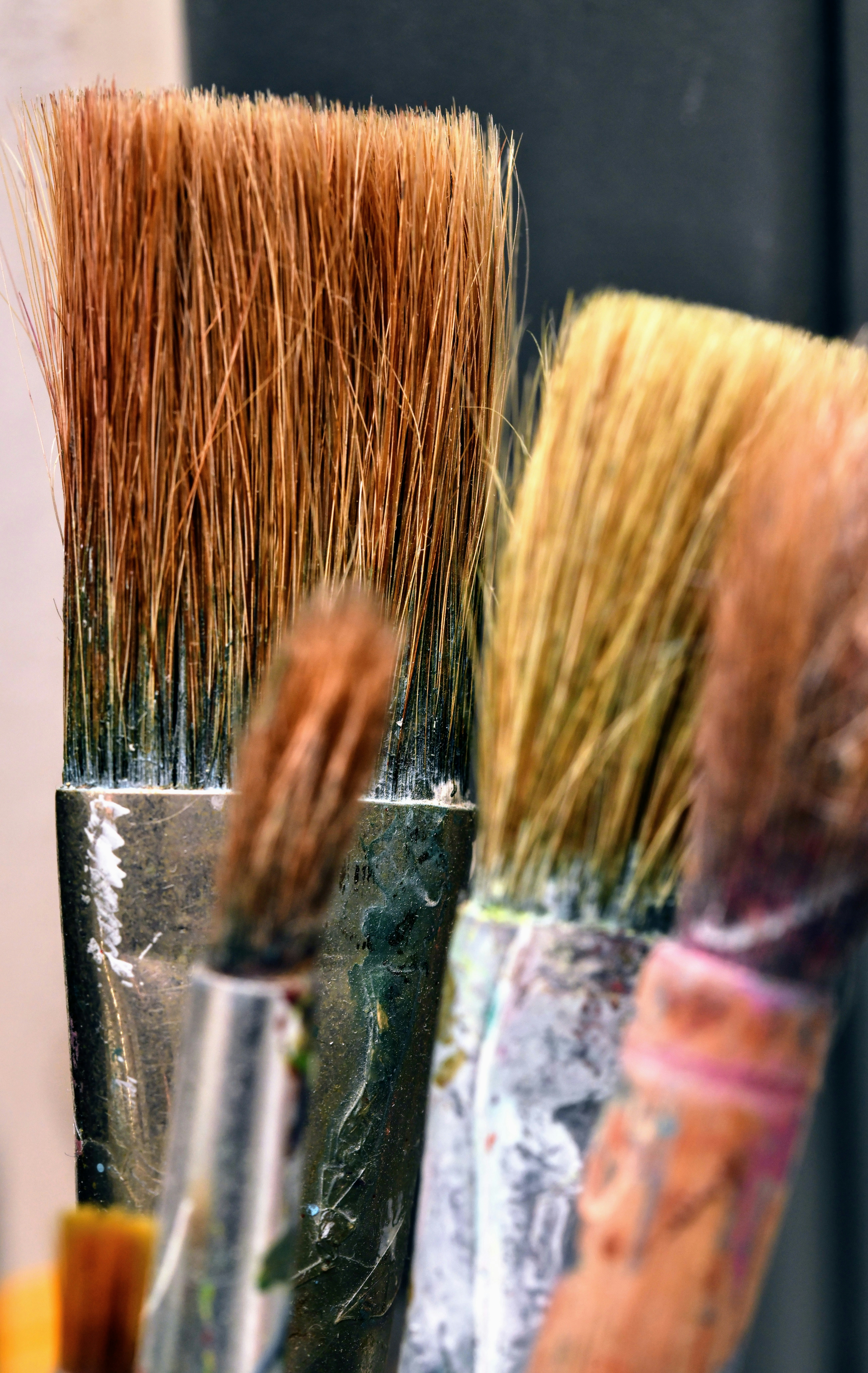 Close-up of various paintbrushes showcasing different bristle textures and wear, highlighting the tools of an artist's craft.
