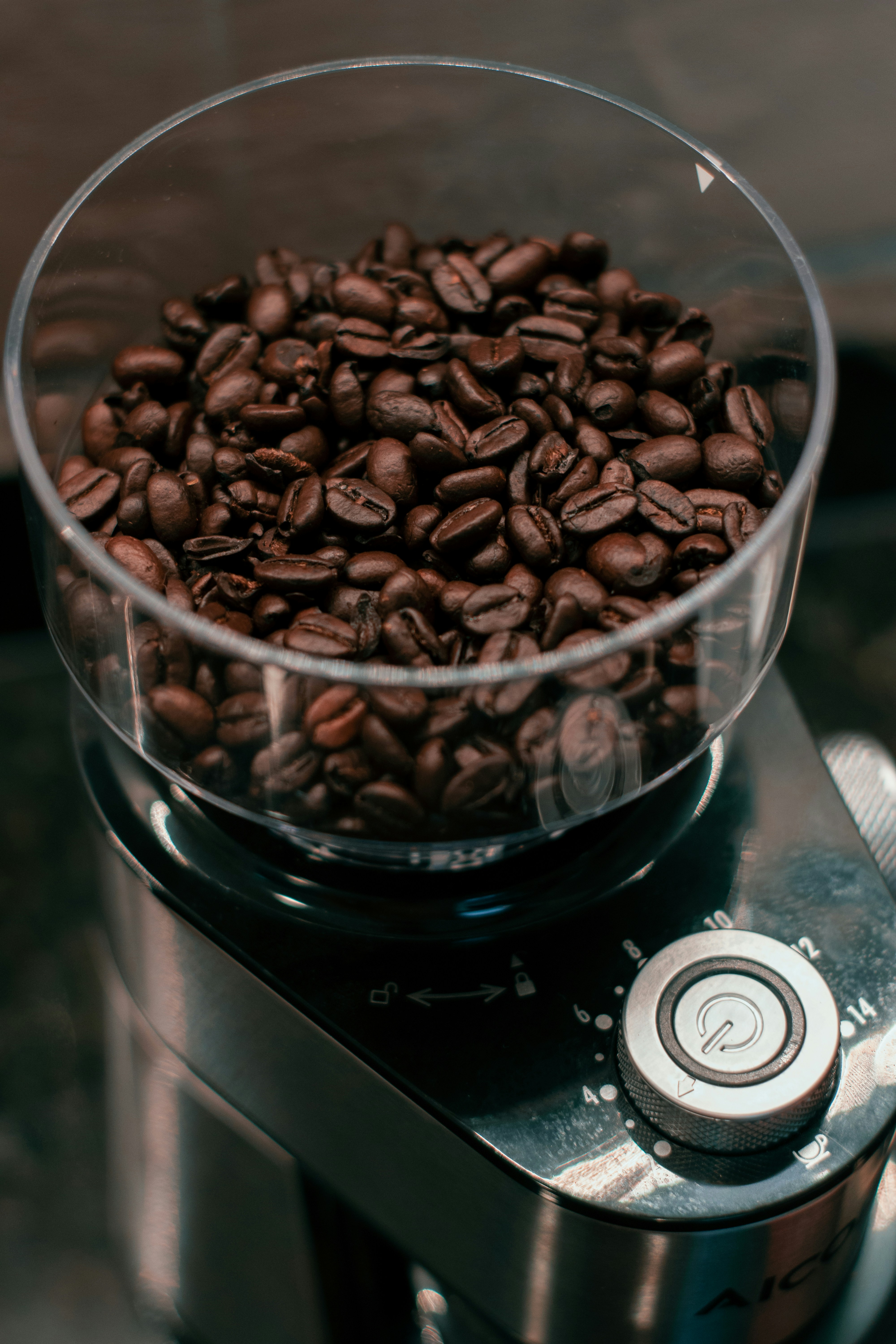 Hopper Harvest: Roasted Beans Crowding a Glass Cup on a Precision Grinder