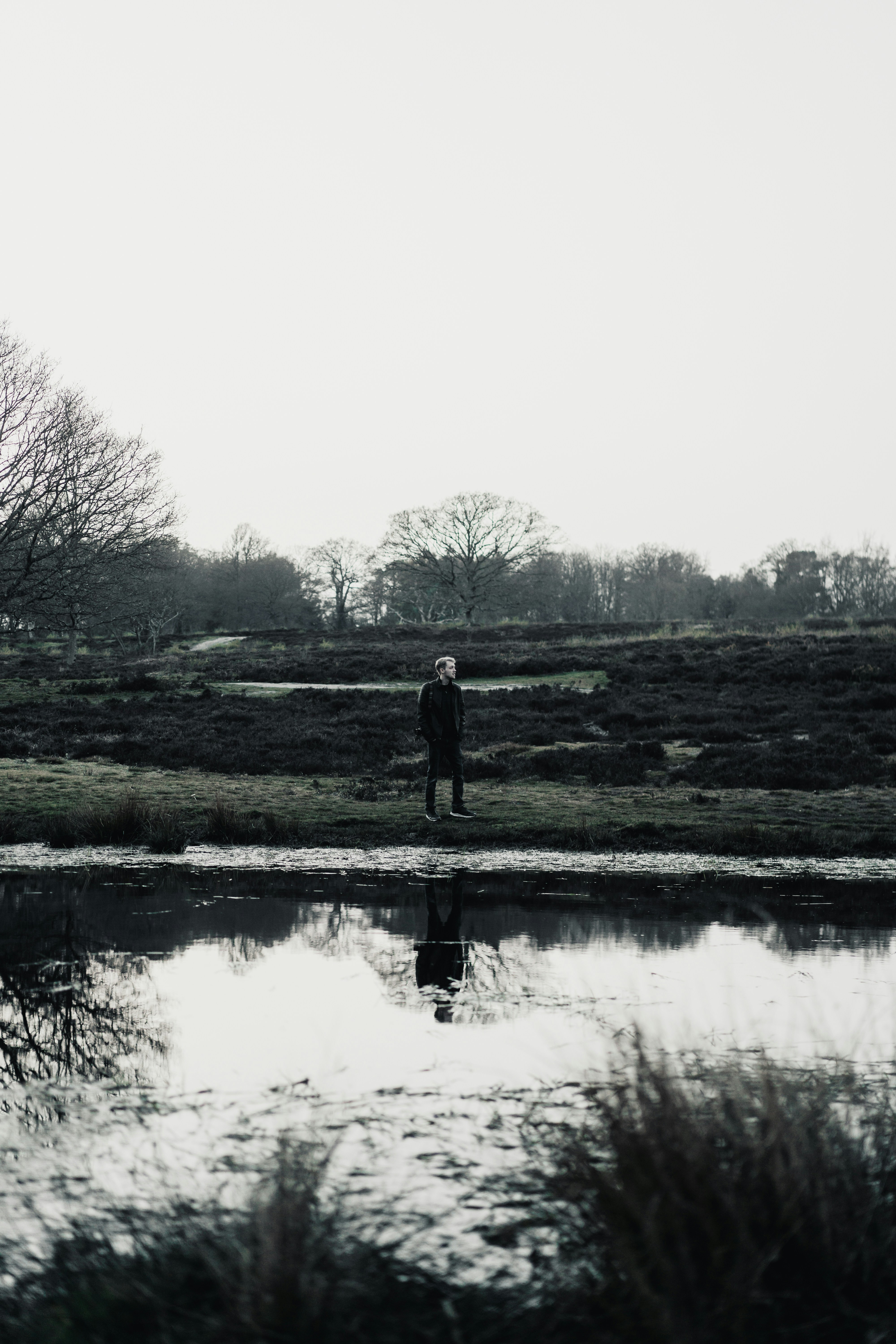 A solitary figure stands near a tranquil pond, surrounded by a sparse landscape of trees and heather. The calm water reflects the muted tones of the environment.