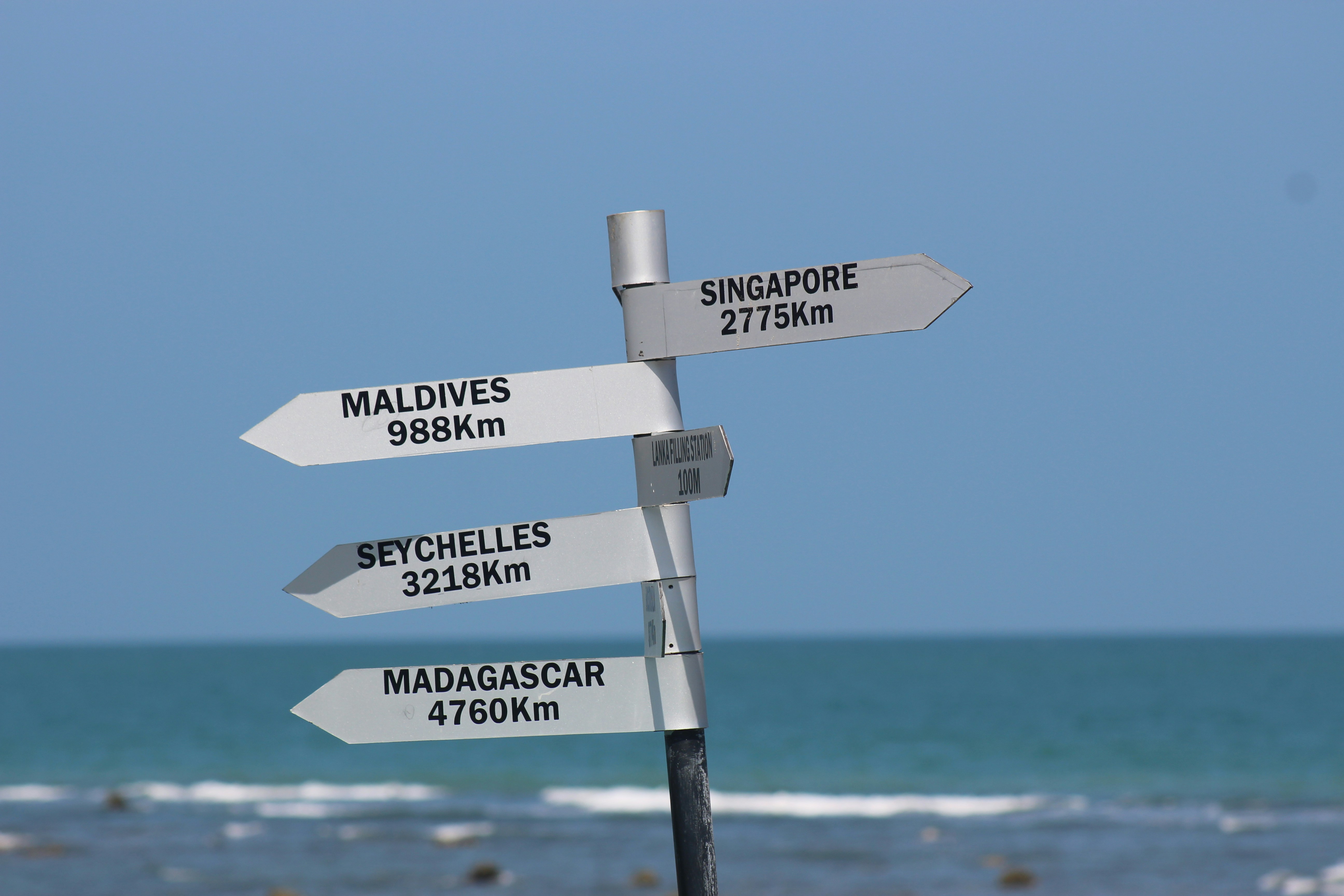 Coastal Signpost: Distances to Madagascar, Seychelles, Maldives, and Singapore