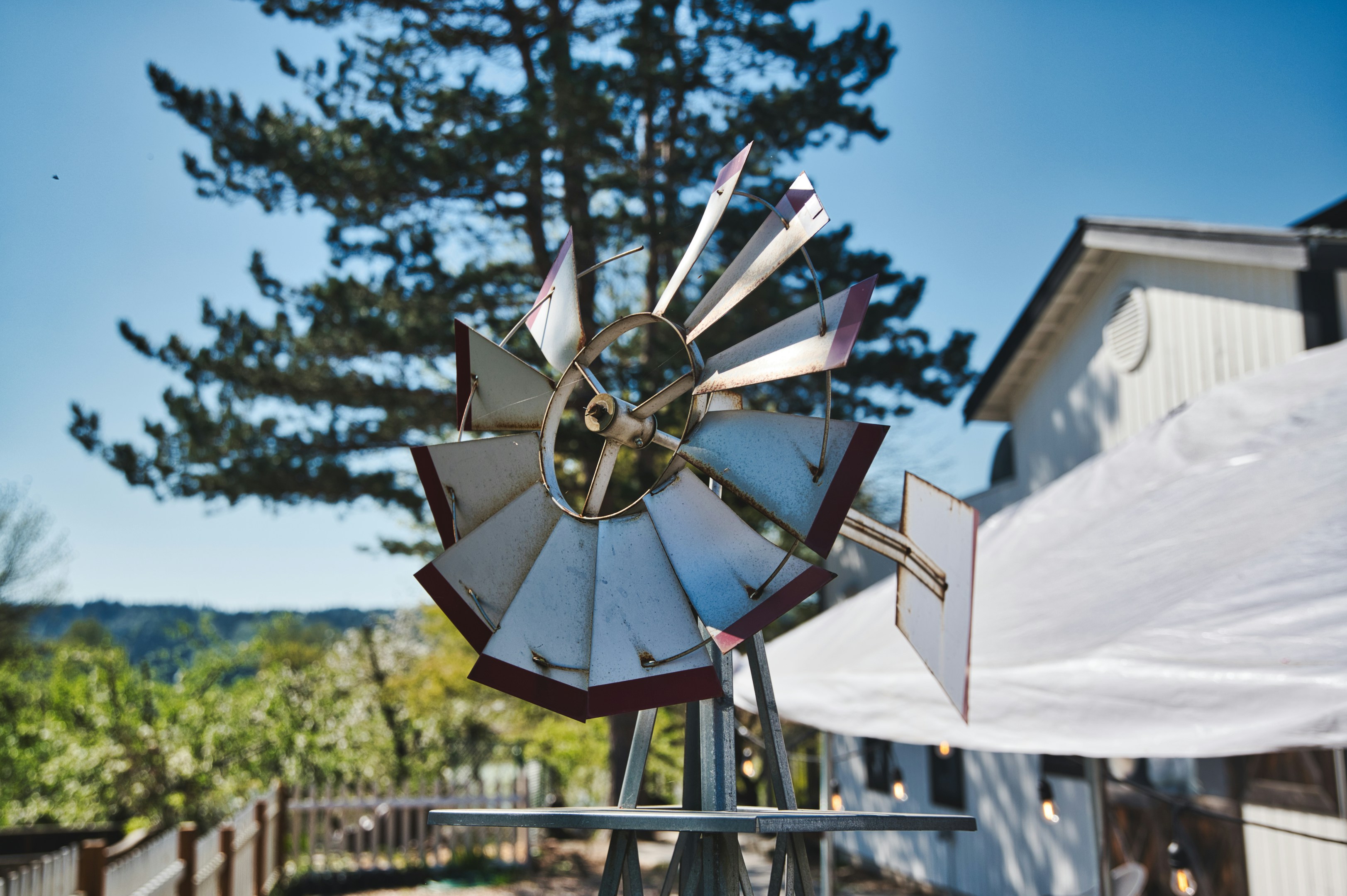 Small windmill mounted on a pole in front of a house with trees in the background.