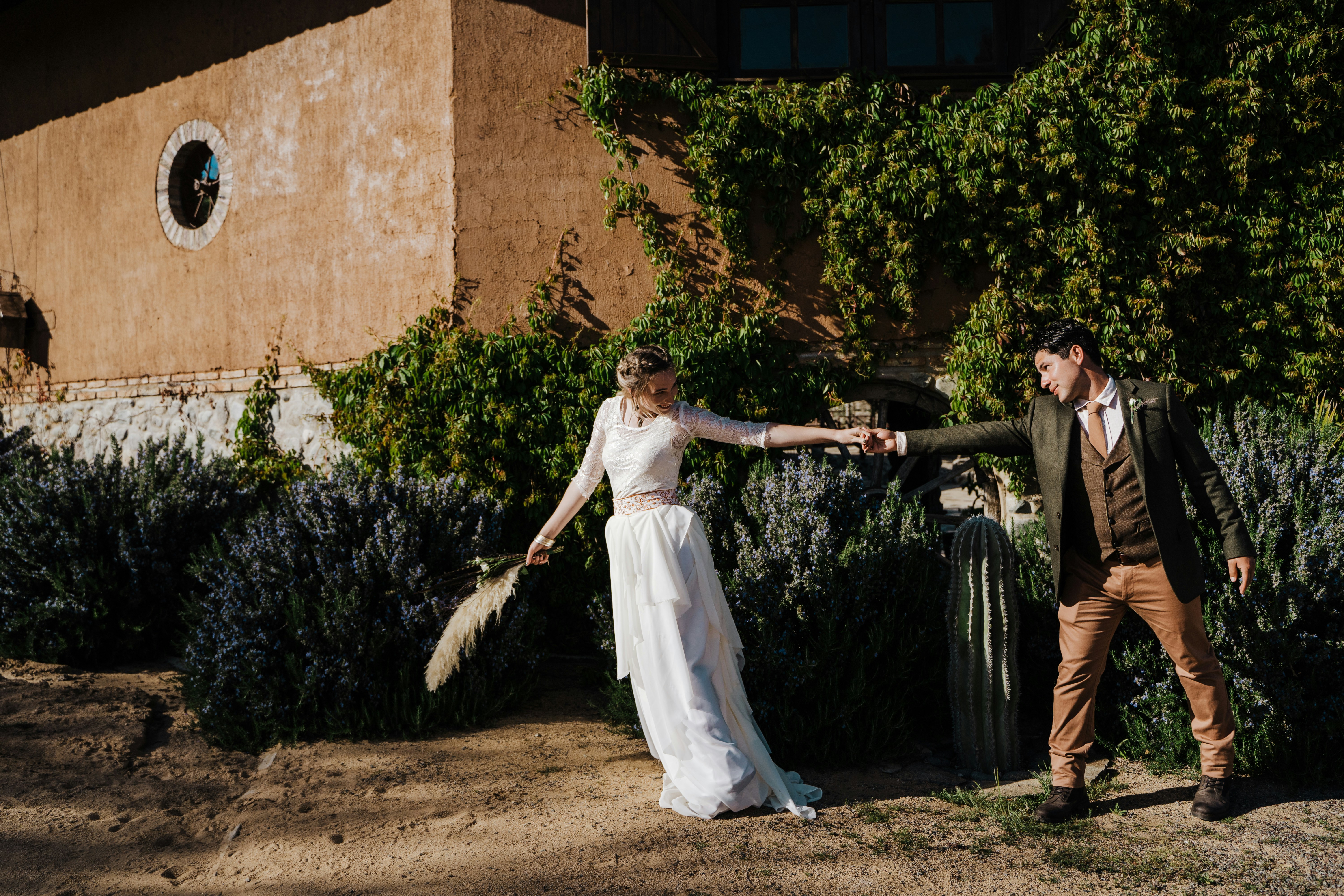 Dusty Wedding Dance: A Bride and Groom Reach Across a Desert Garden