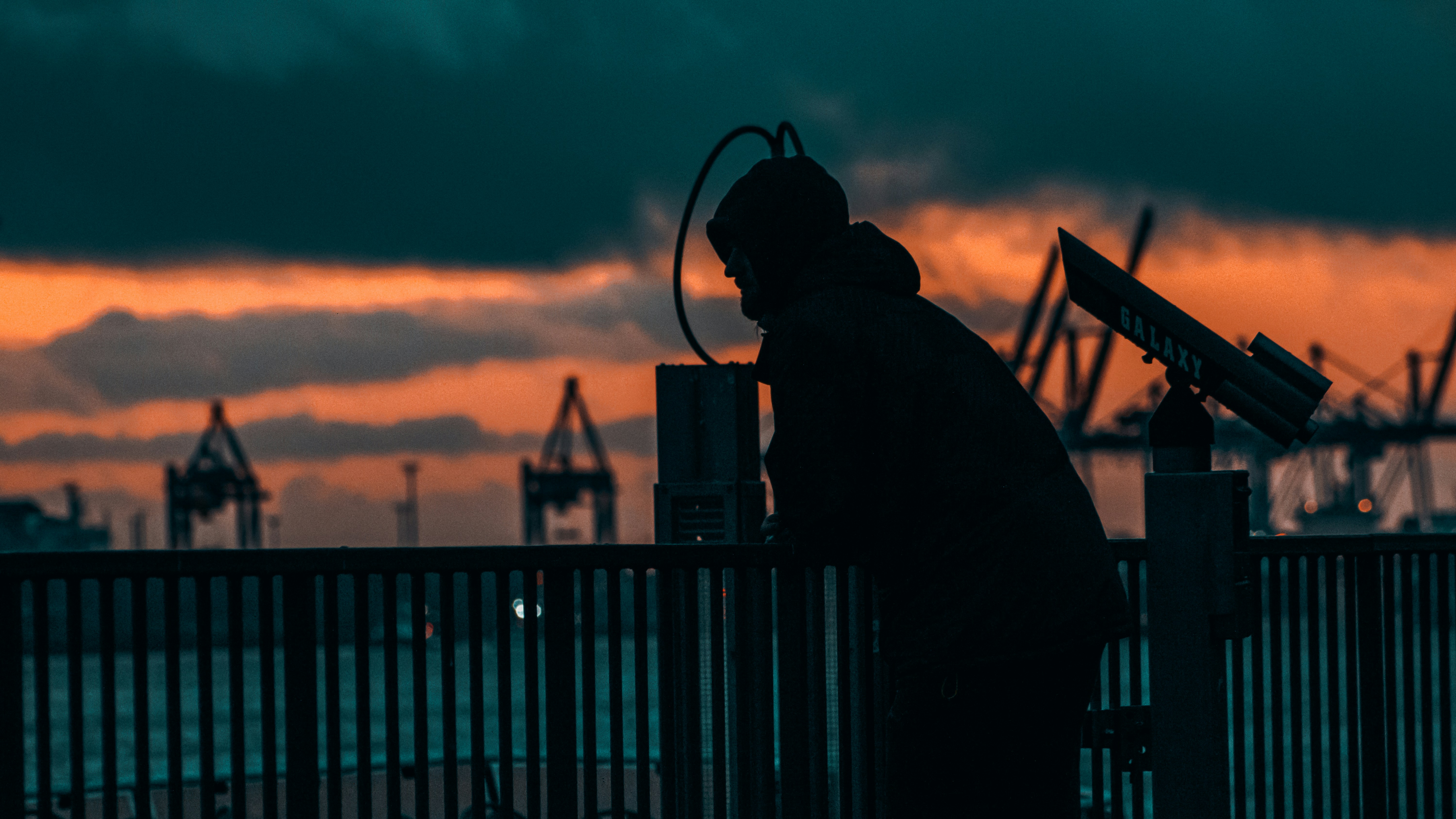 Dusk Silhouette on a Pier: Quiet Vigil Under a Crane-Dotted Horizon