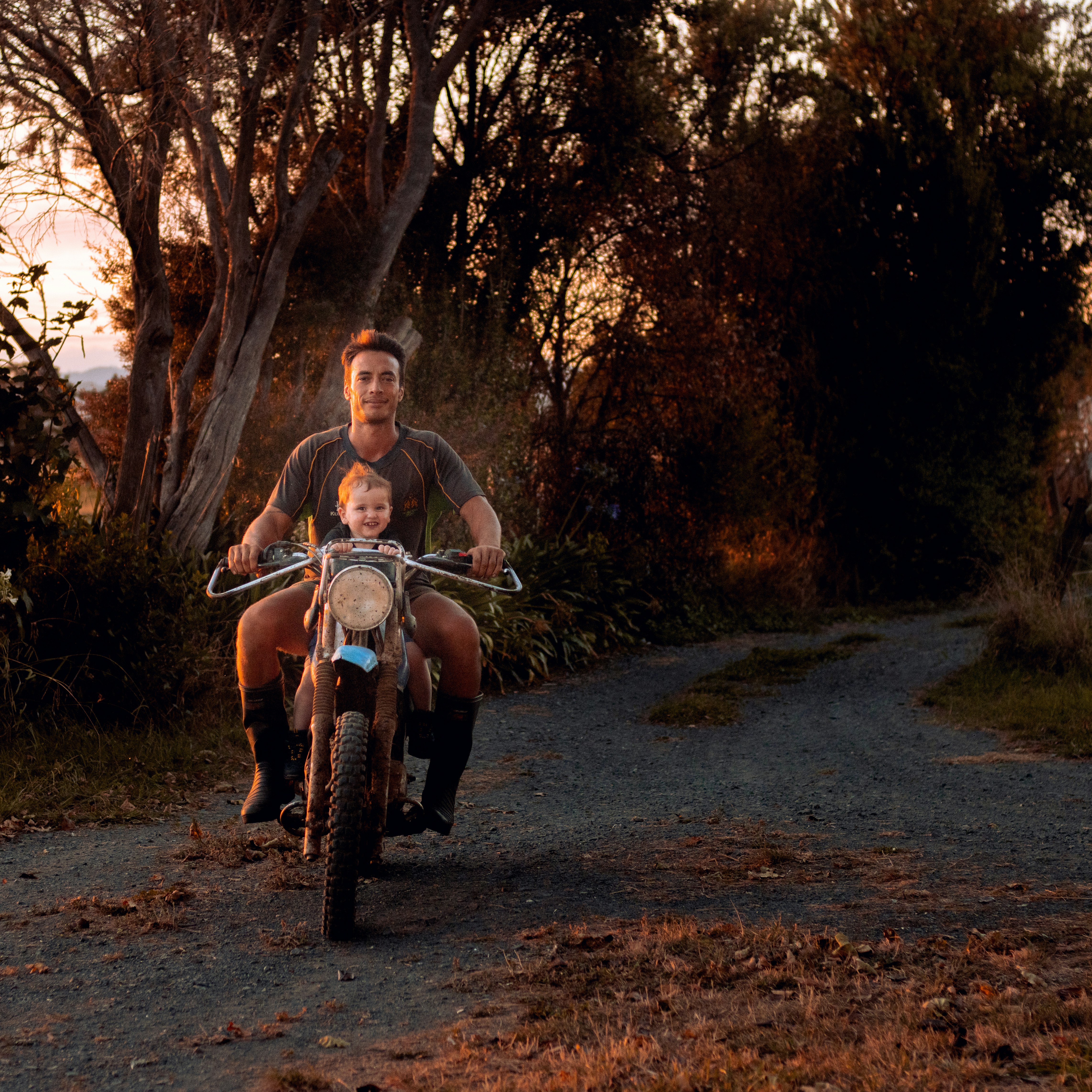 Tiny Co-Pilot on a Sunset Forest Ride