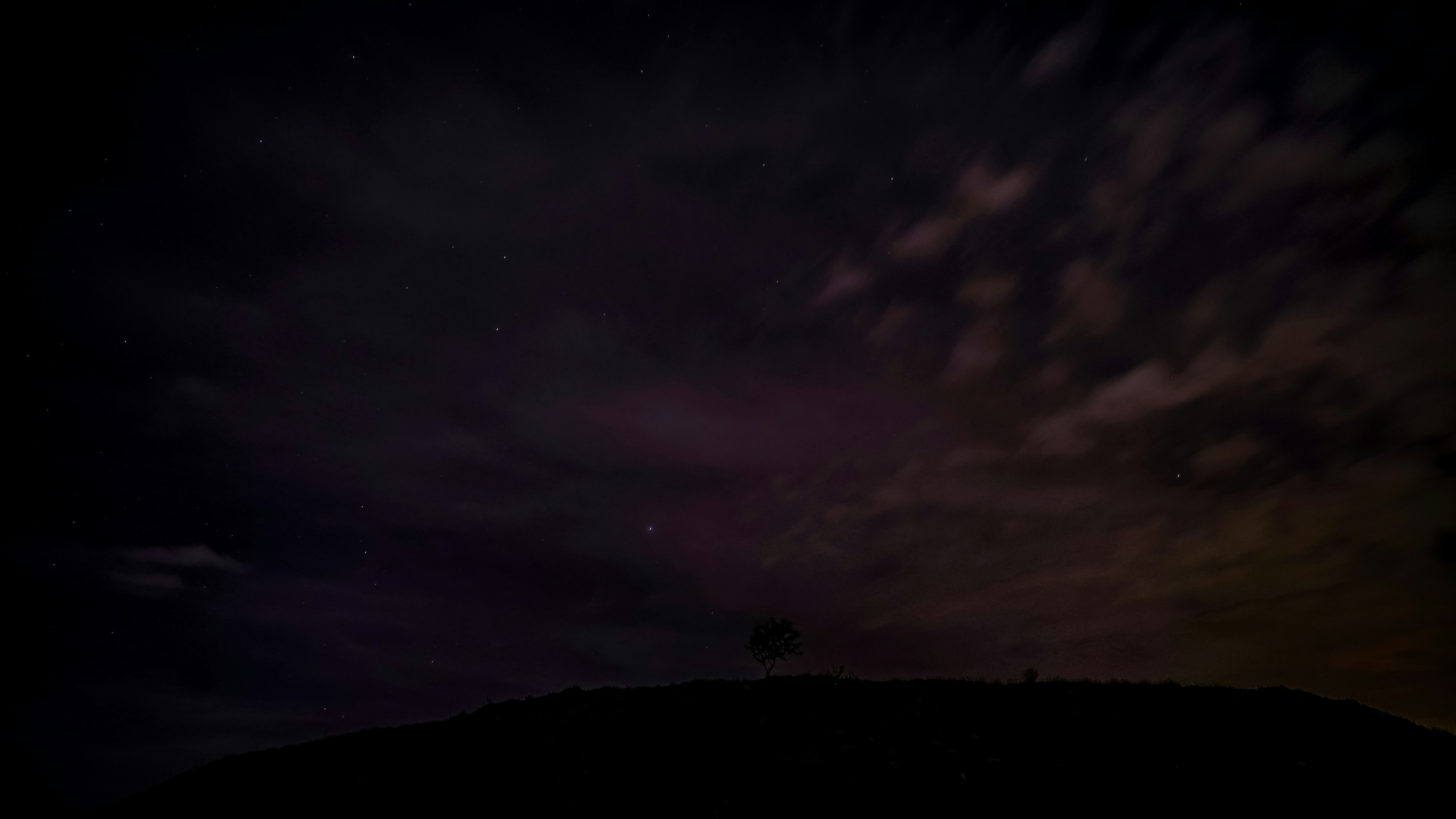 Lonely tree silhouetted against a starry sky with wispy clouds, evoking a sense of solitude and tranquility.