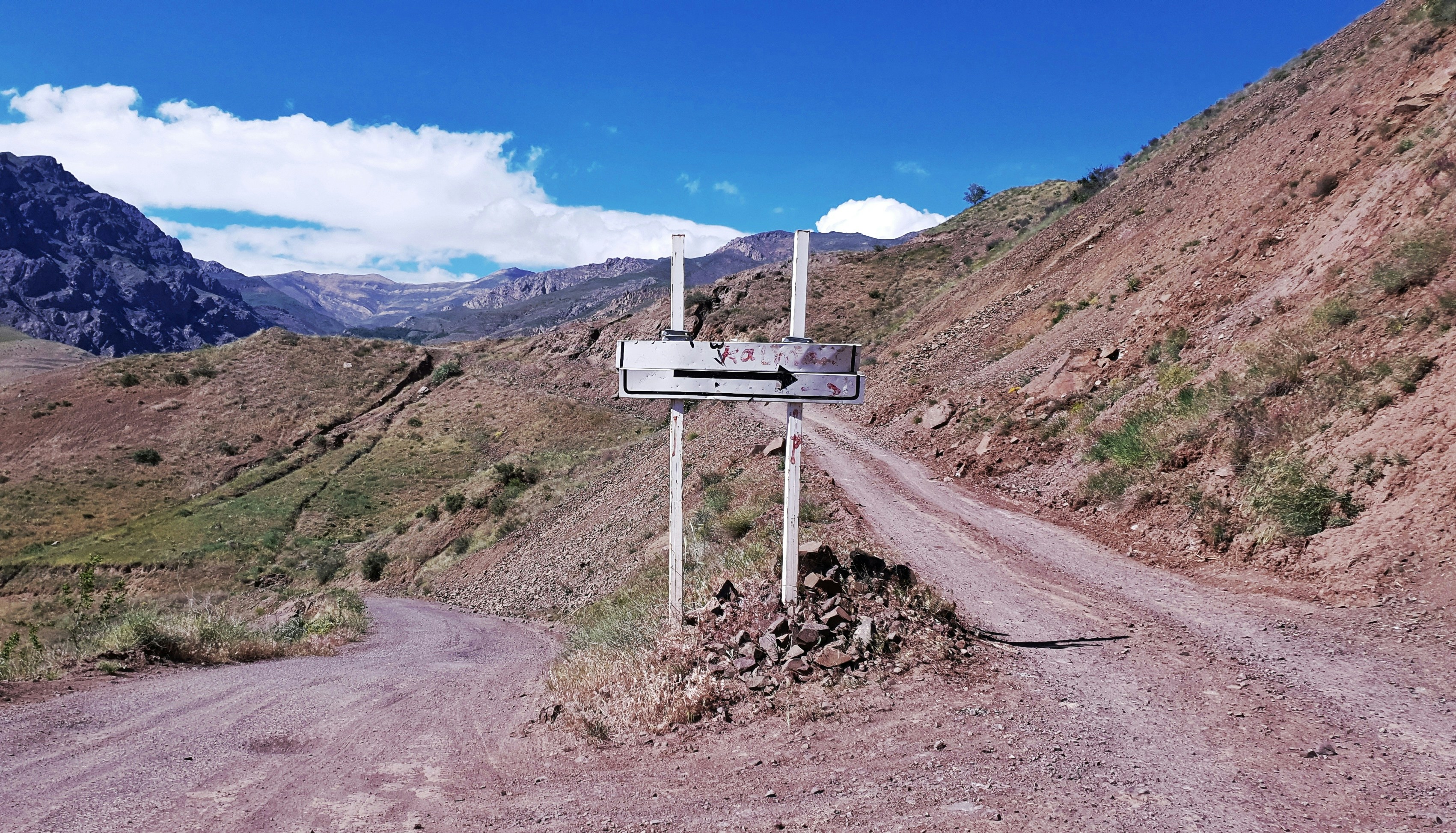 Dusty Junction: Weathered Signpost at a Fork in the Arid Canyon