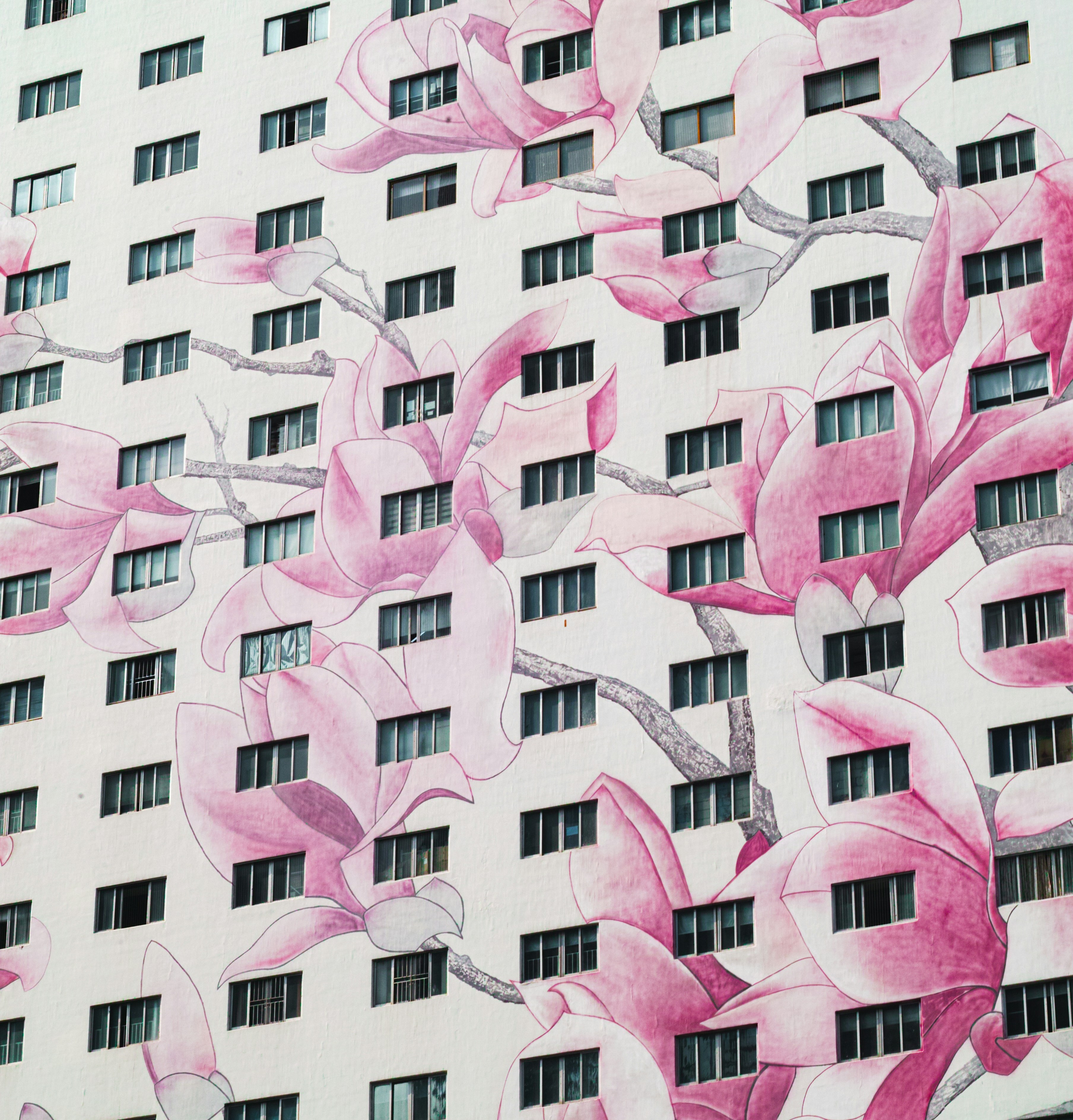 Flowing Pink Mural Cloaks a Grid of Windows on a White High-Rise