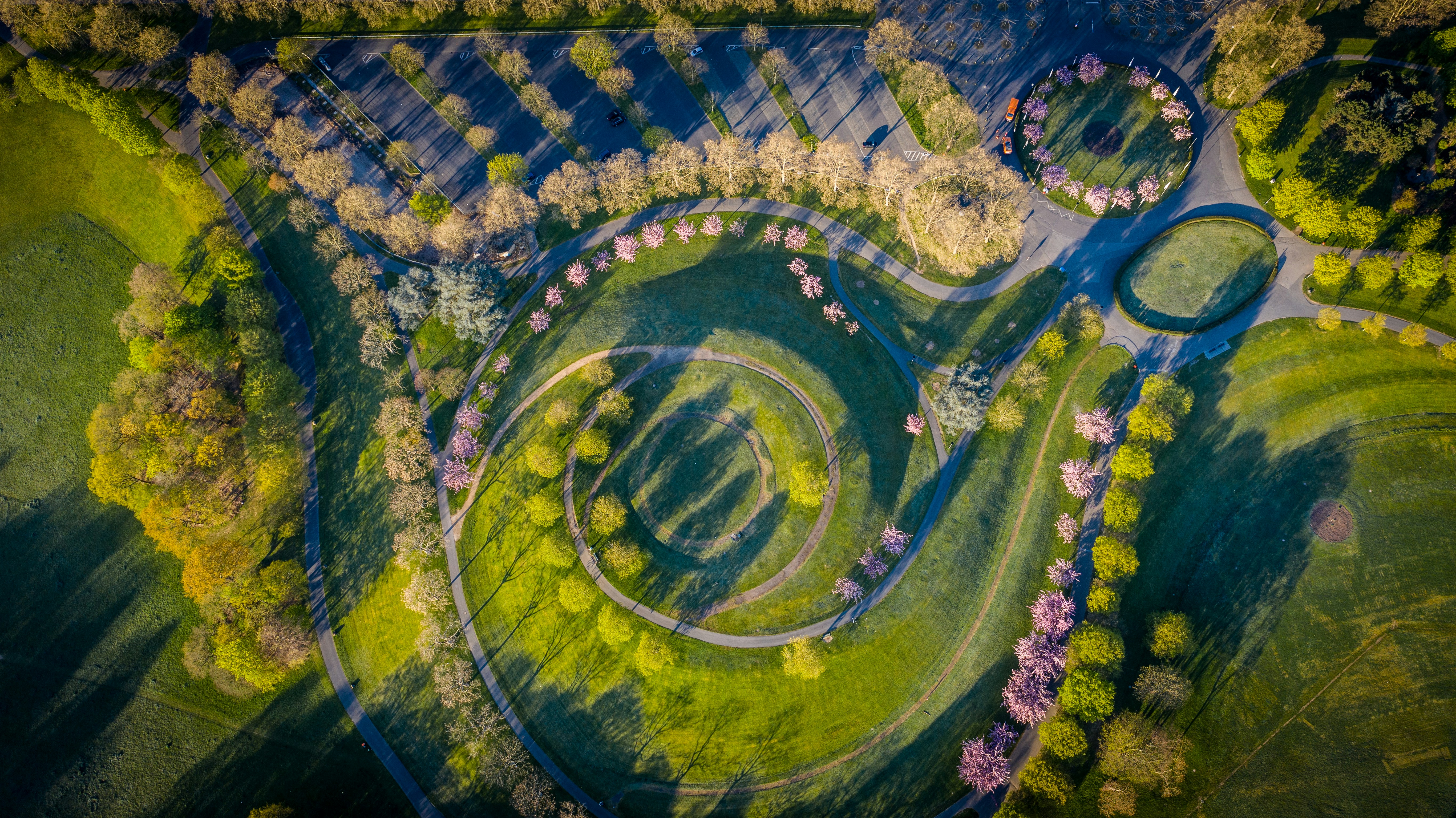 Aerial view of a beautifully designed garden featuring winding pathways and blooming trees, showcasing the harmony of nature and landscape architecture.