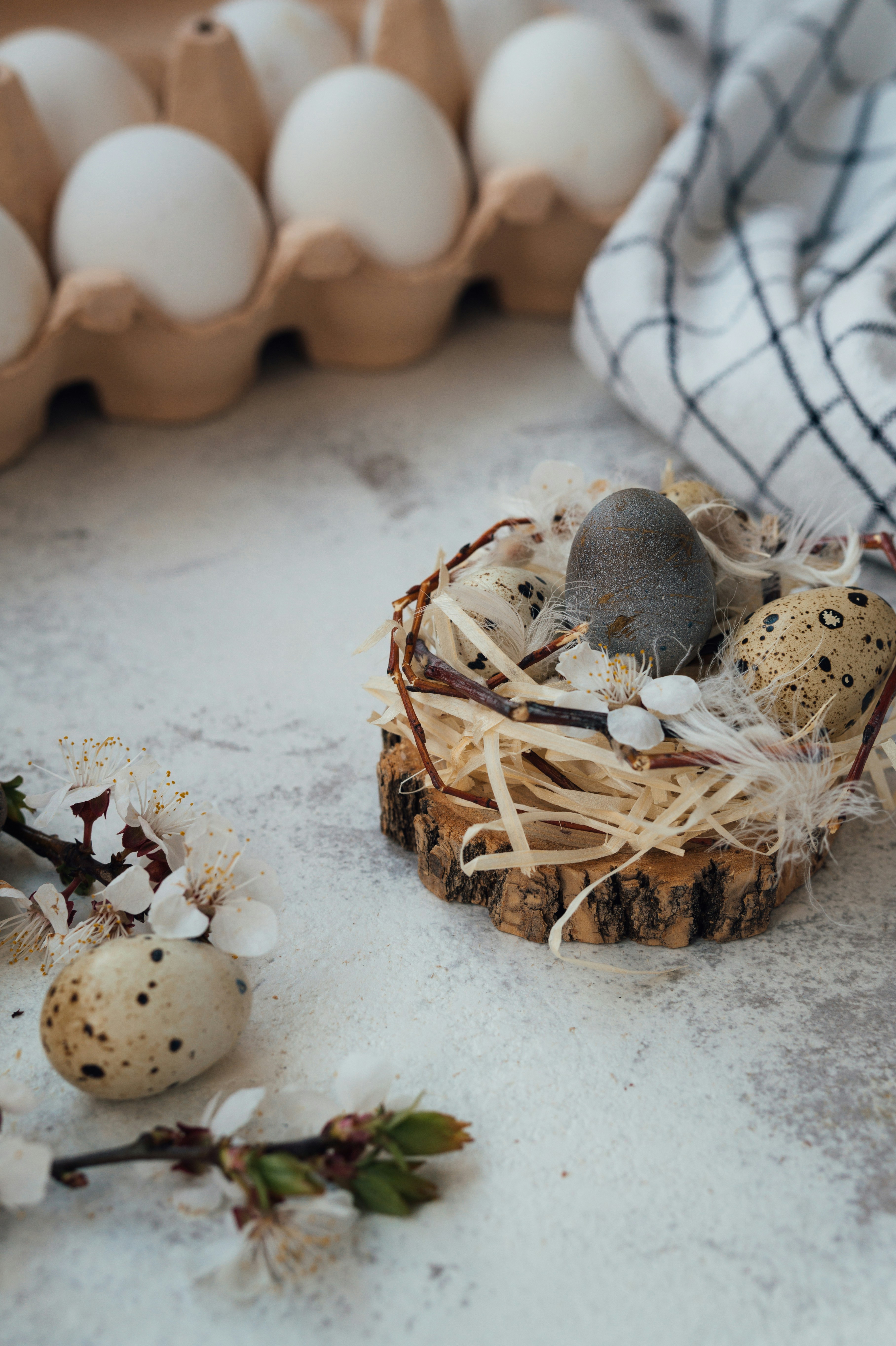 Nest of Eggs: Rustic Quail Egg Arrangement on a Wood Slice