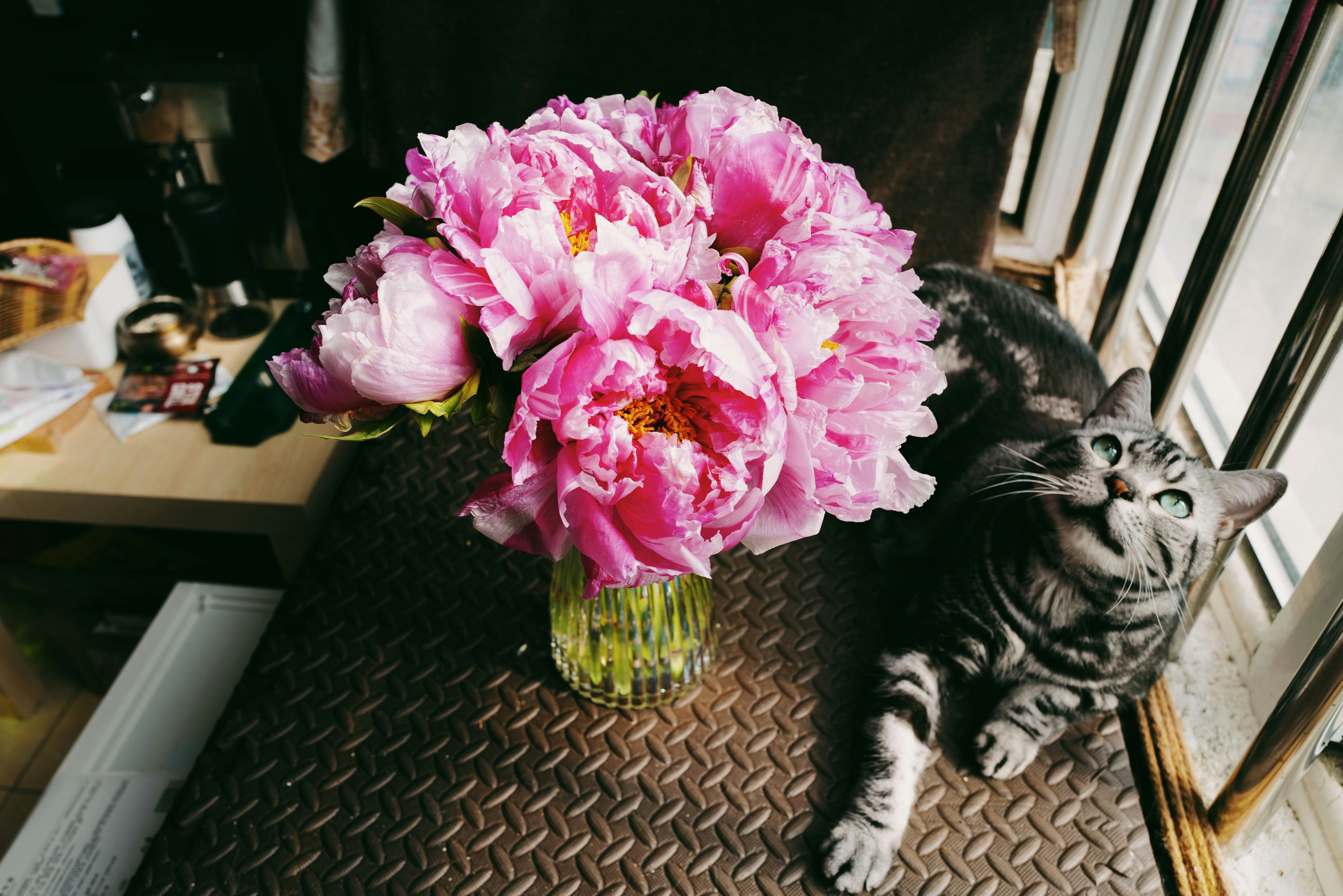 pink flowers on woven basket