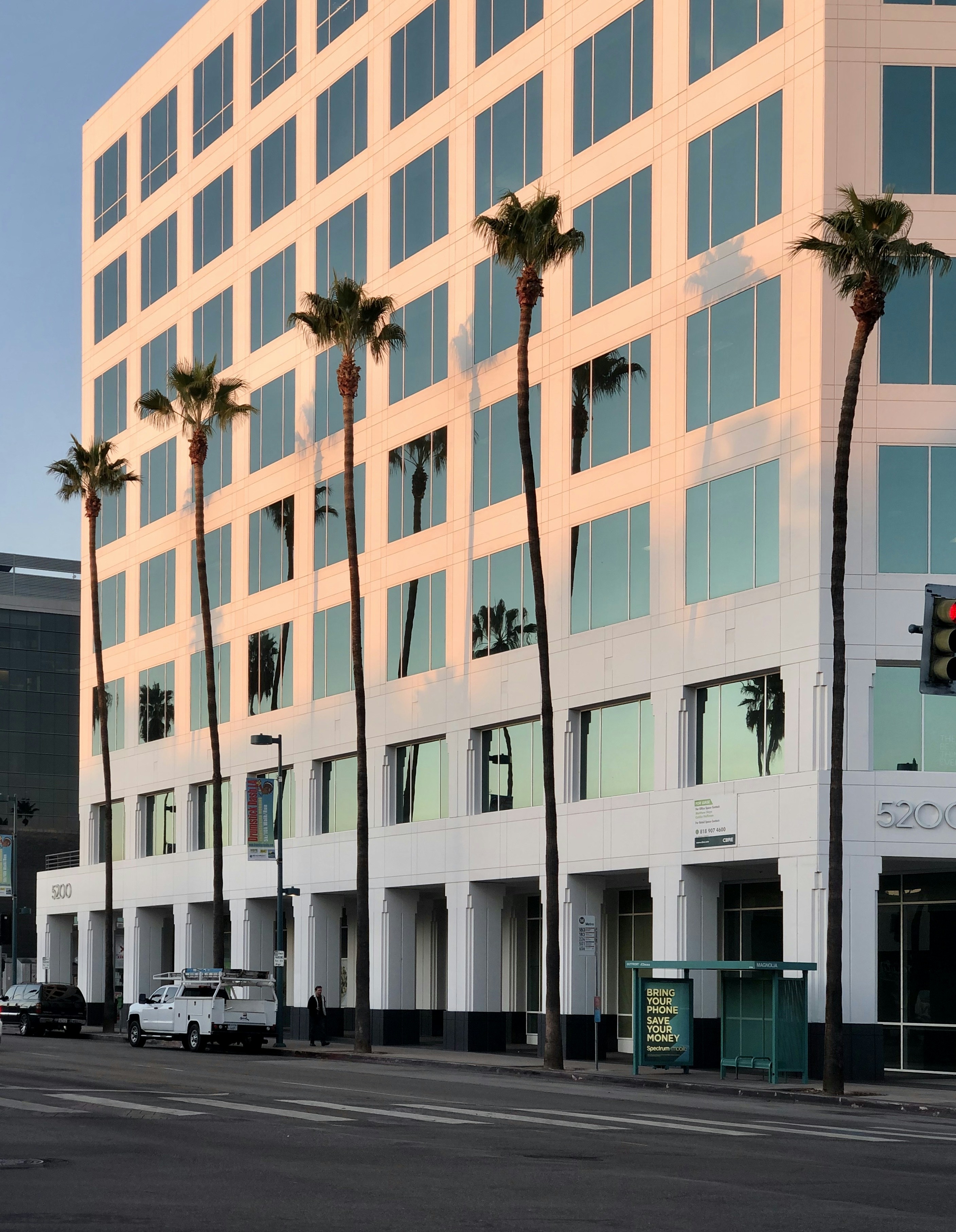 Modern office building reflecting palm trees and the evening sky, showcasing a blend of architecture and nature.