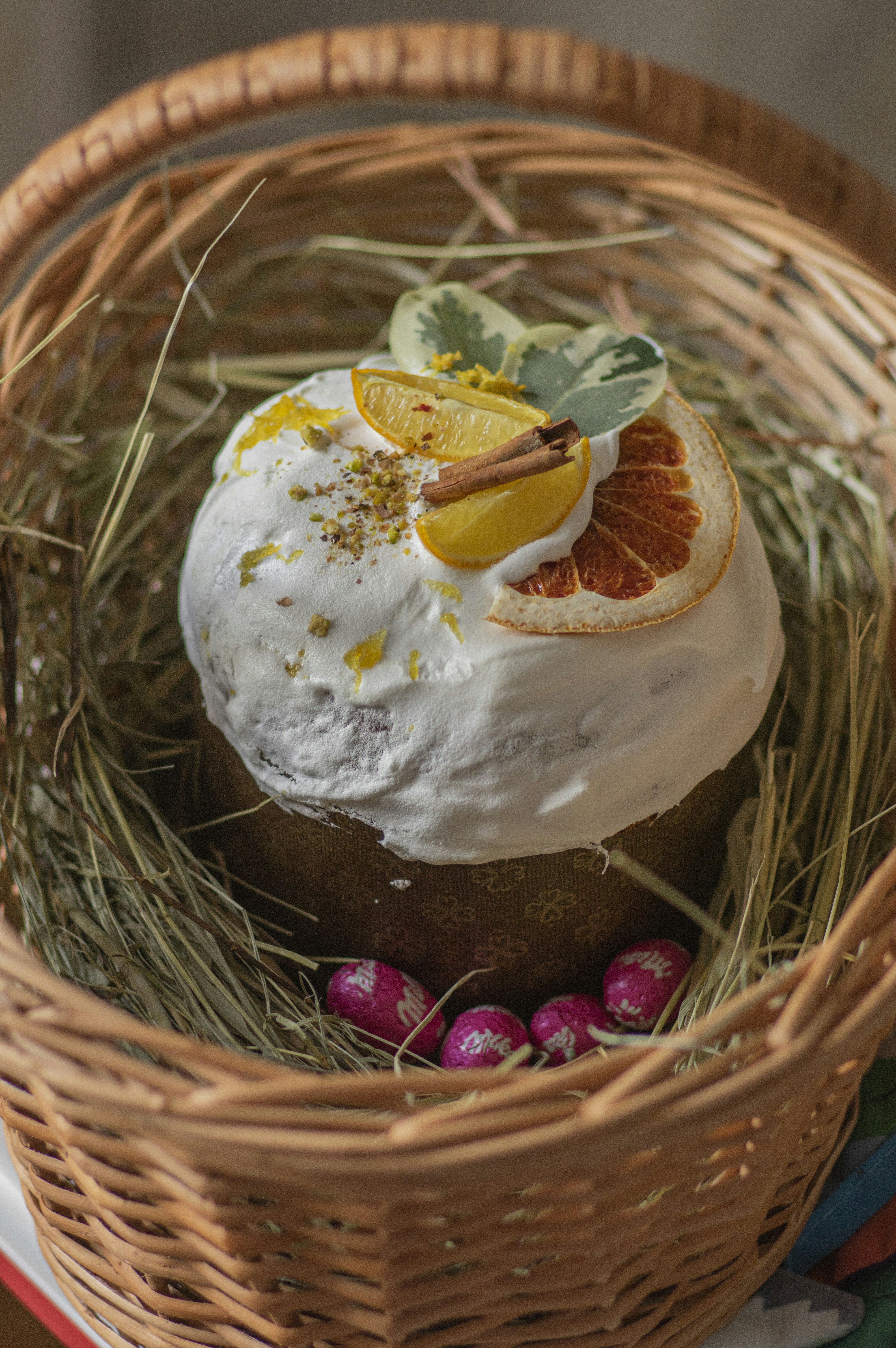 Citrus Crown: A Nestled Celebration Cake in a Rustic Basket