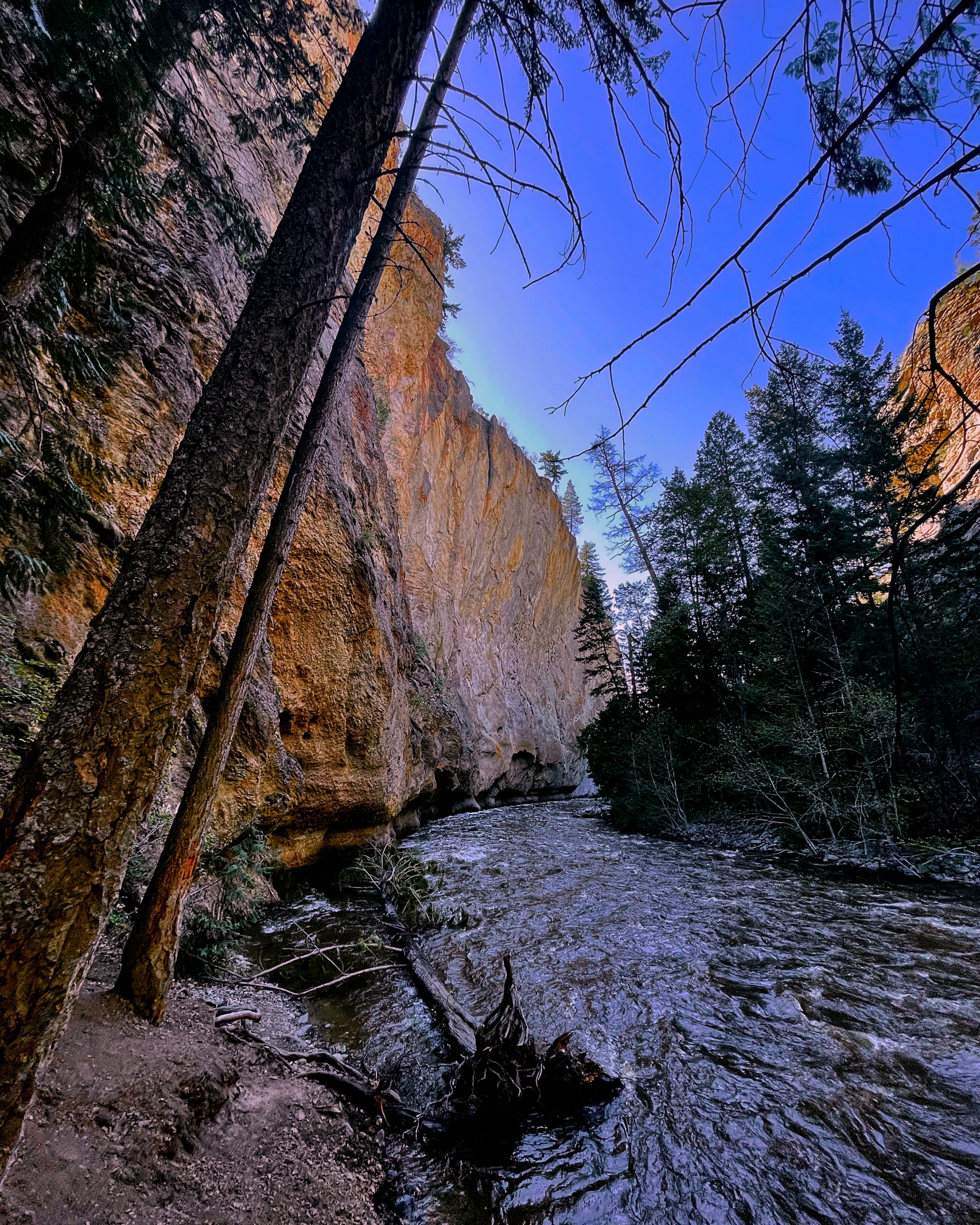 Blue Sky Pierces a Canyon Wall as a River Winds Through Light
