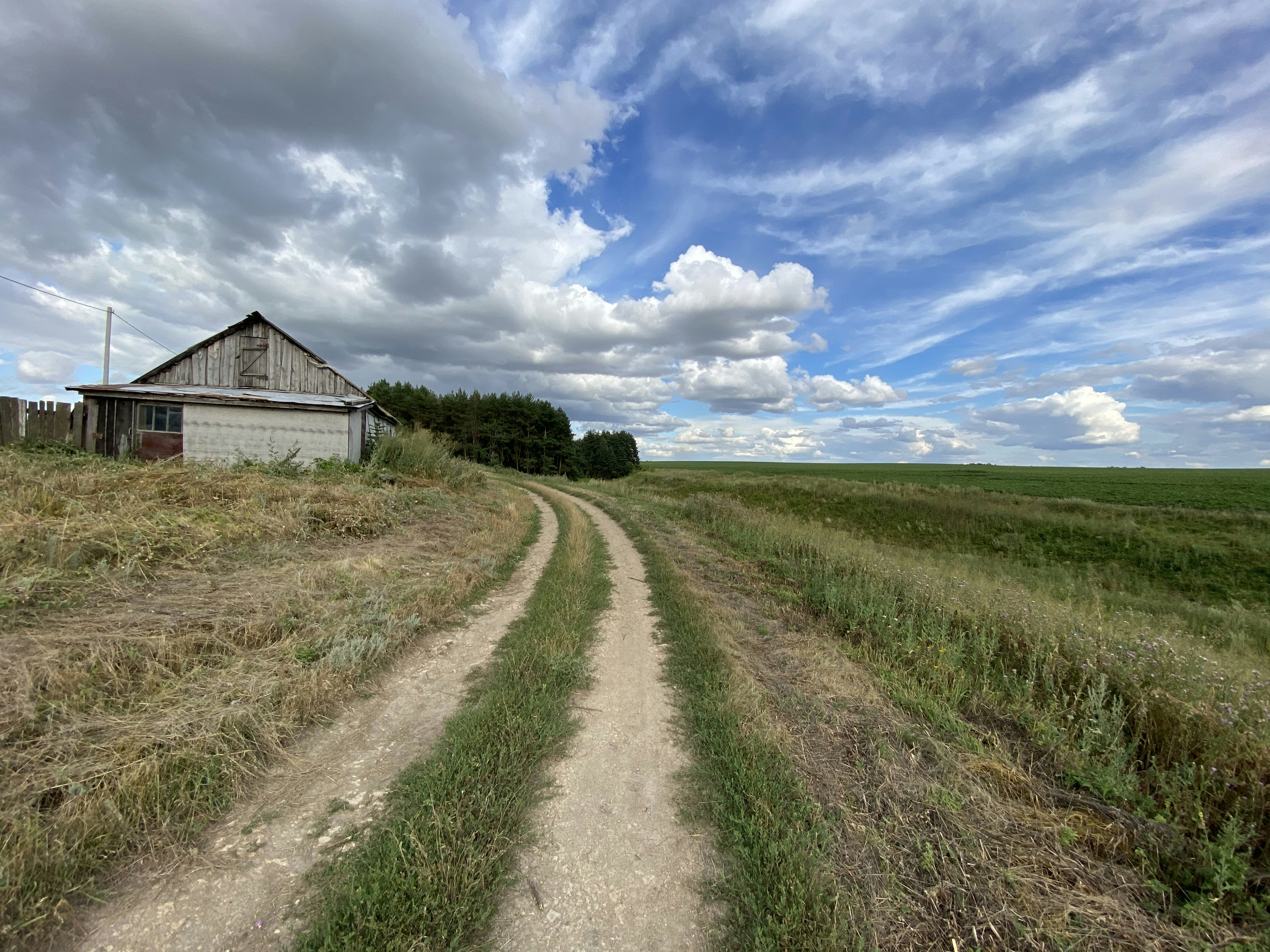 Dirt road meandering through lush fields, leading towards a rustic wooden house under a dramatic sky filled with clouds.
