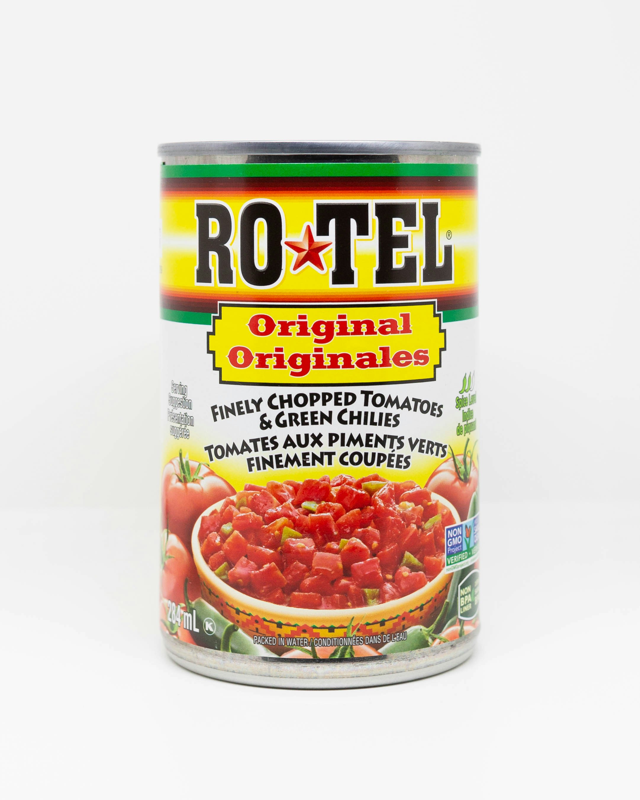 Rotel Original Can: Crisp Label and Bold Red Tomatoes in White Studio
