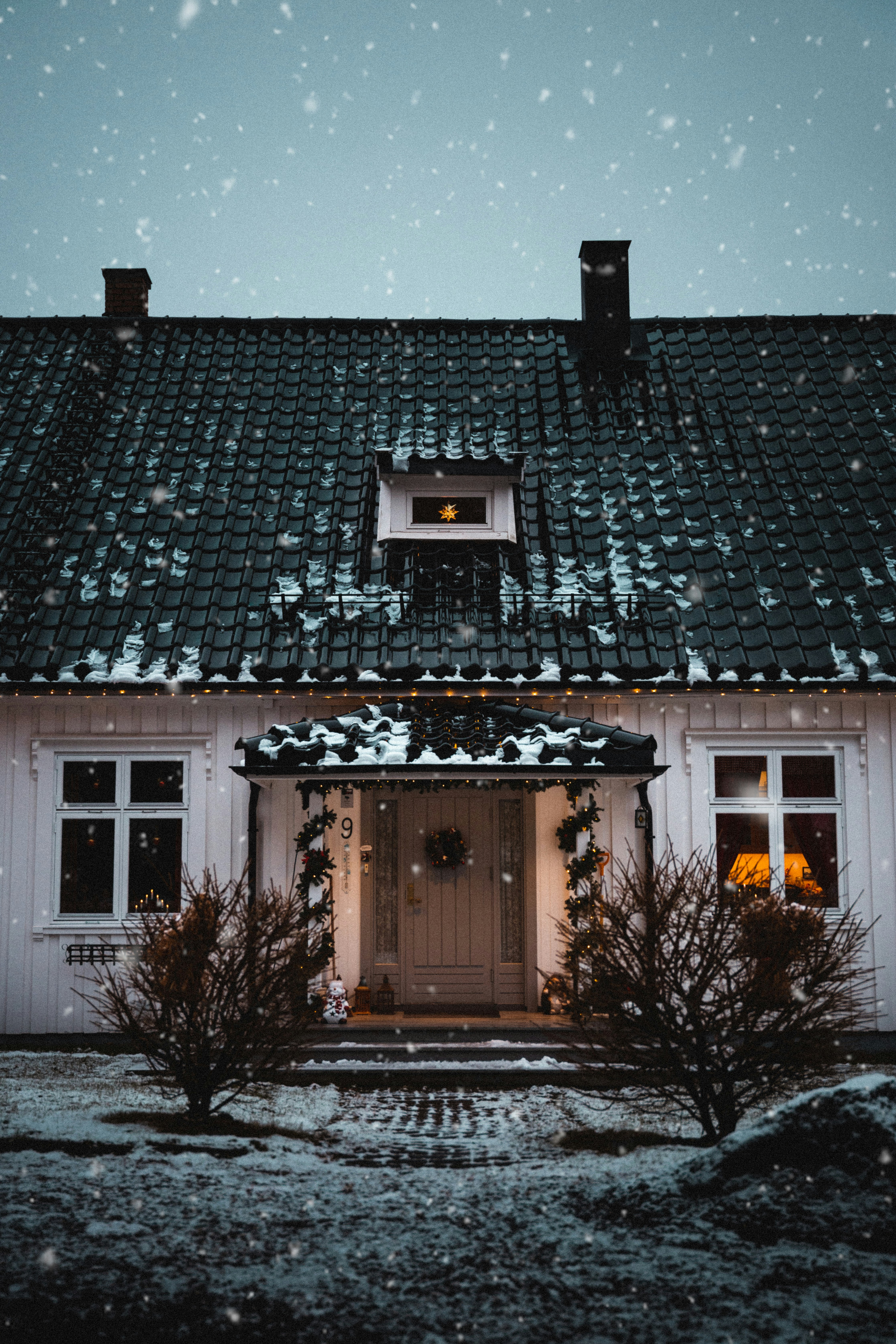 Charming house adorned with festive lights, surrounded by snow-covered shrubs under a twilight sky.