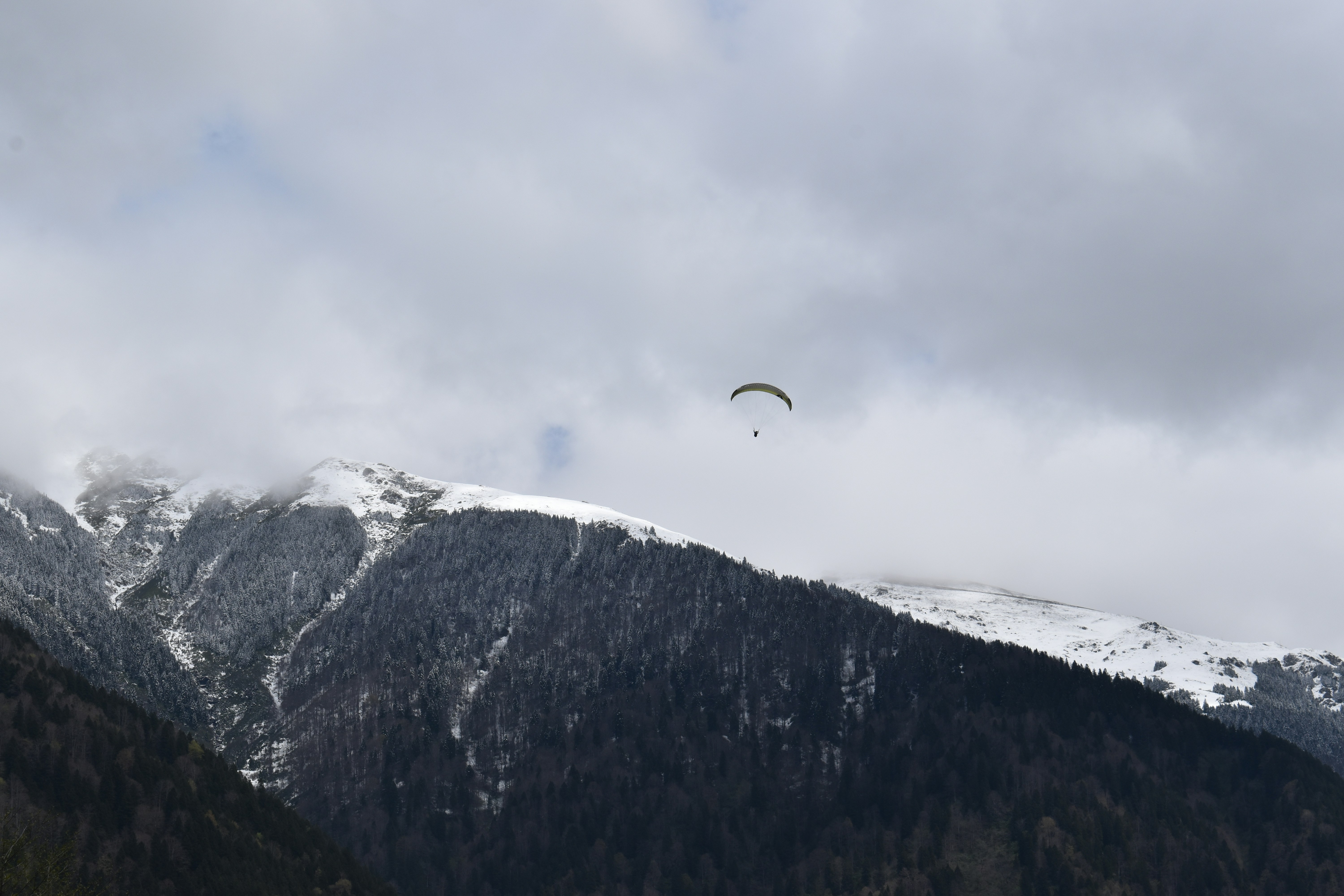 Person riding parachute over snow covered mountain during daytime photo ...