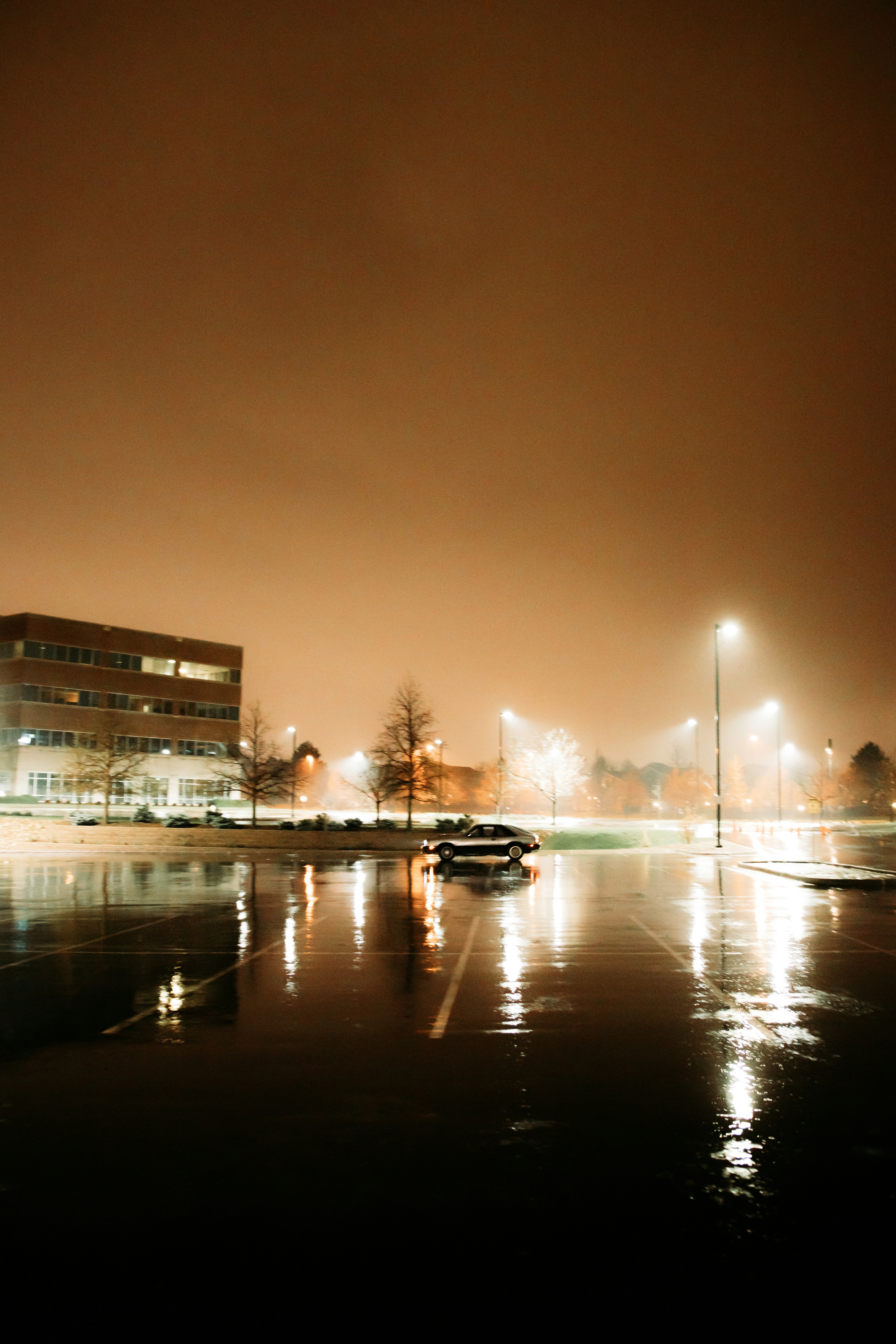 Amber Silence: A Lone Car Reflects in a Rain-Washed Parking Lot