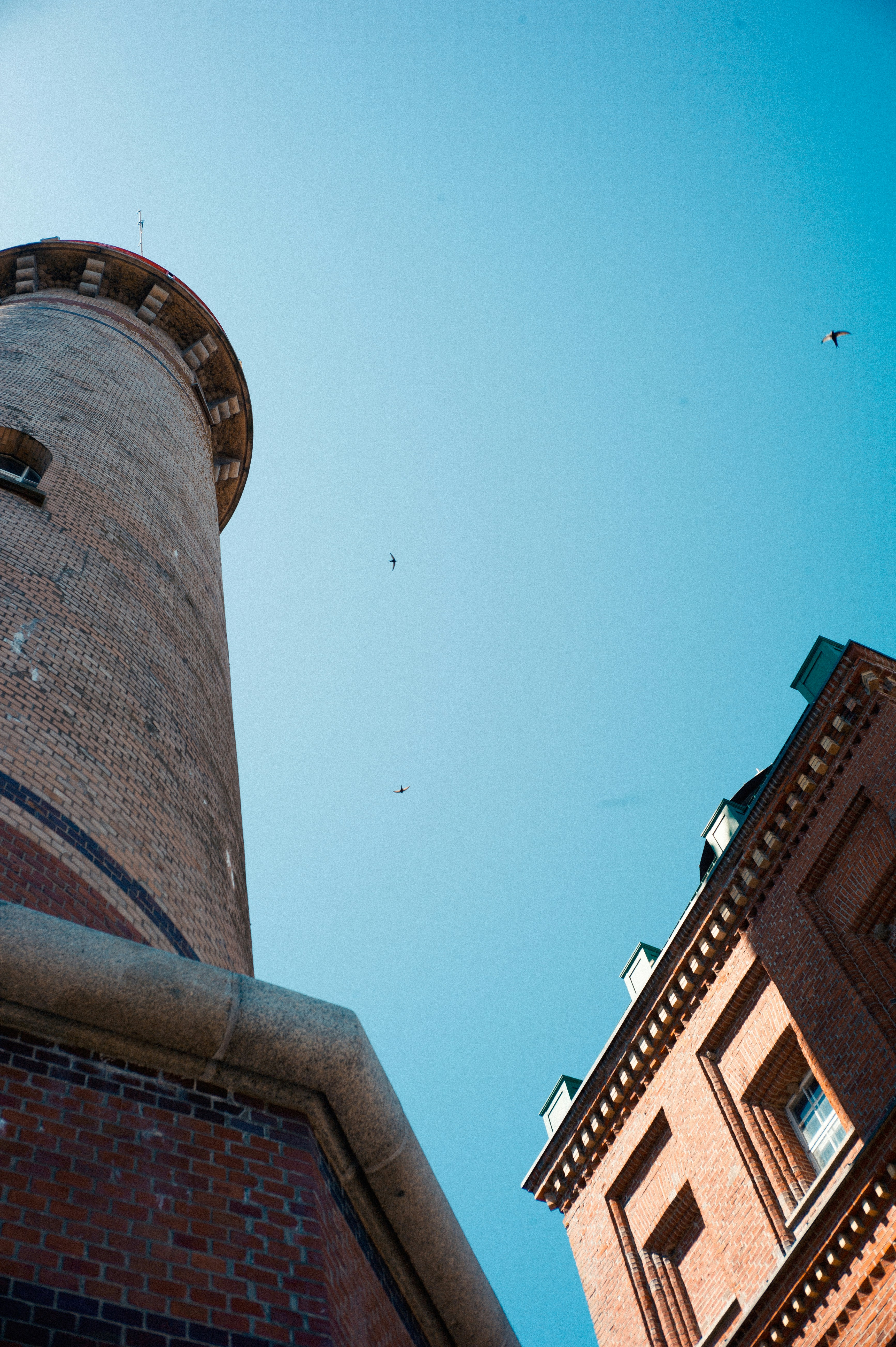 Cerulean Gaze: A Brick Tower Reaches Skyward