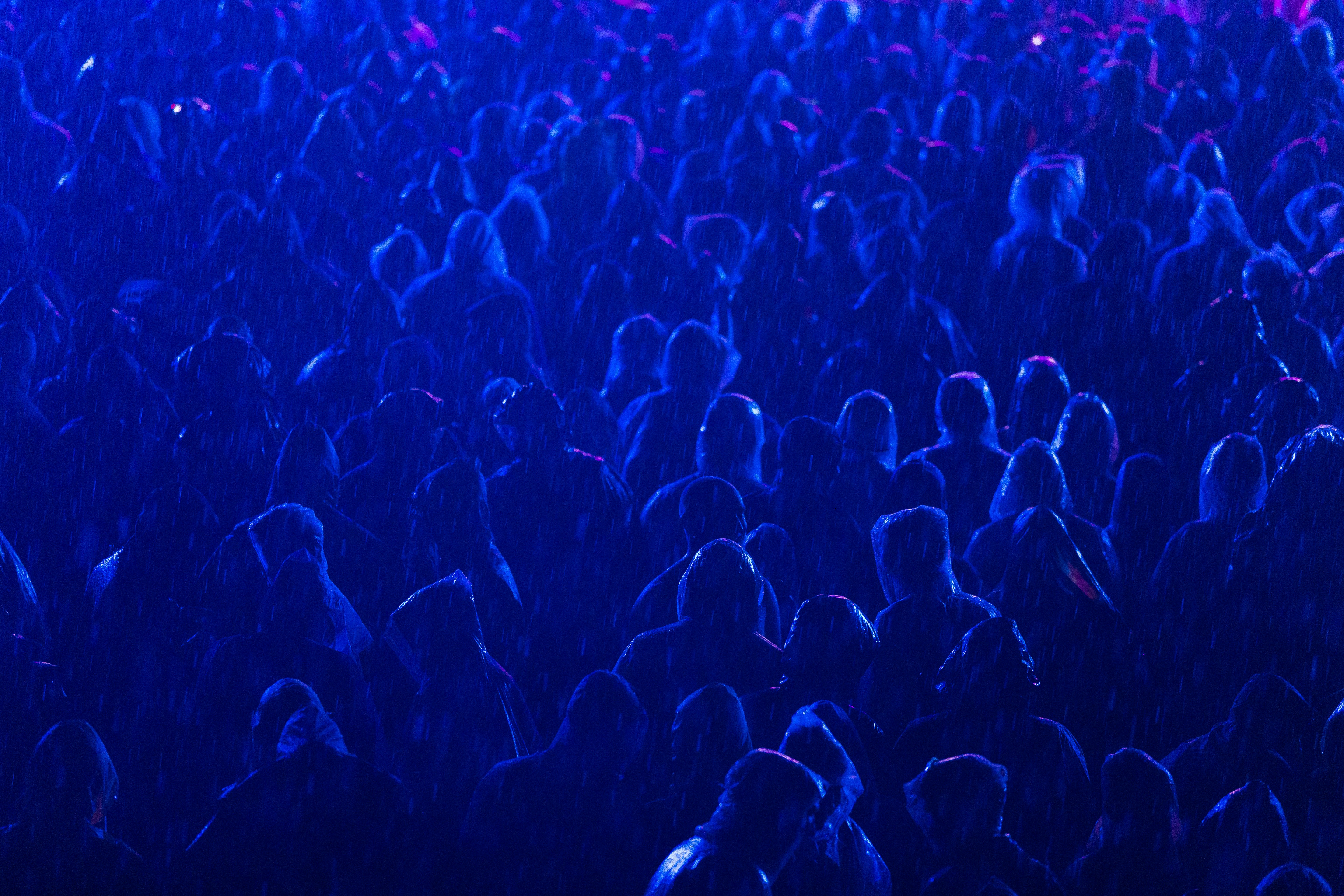 Crowd of concertgoers shrouded in blue lighting and rain, creating a moody atmosphere filled with anticipation.