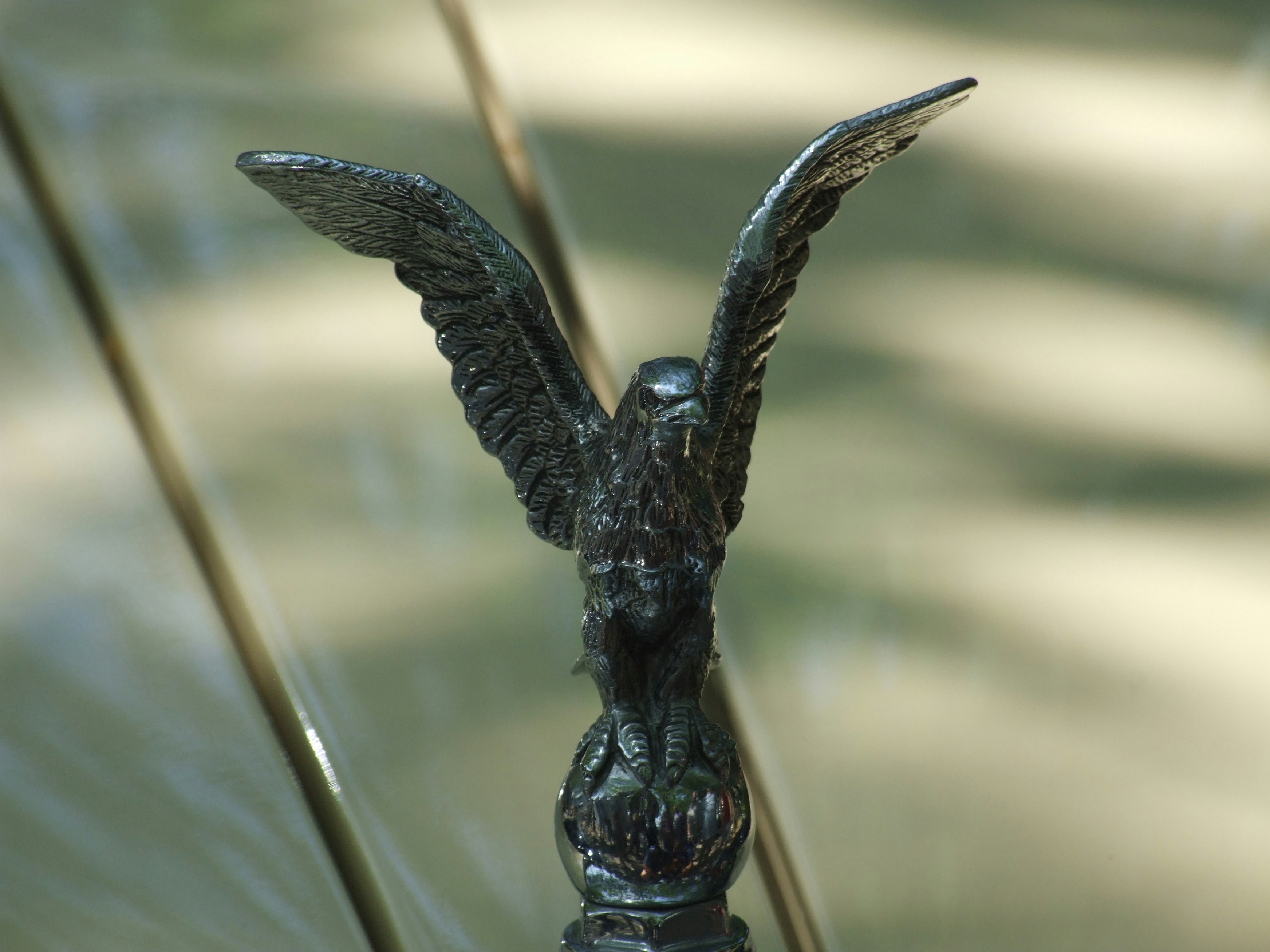 Bronze eagle sculpture with wings spread, set against a blurred natural background.