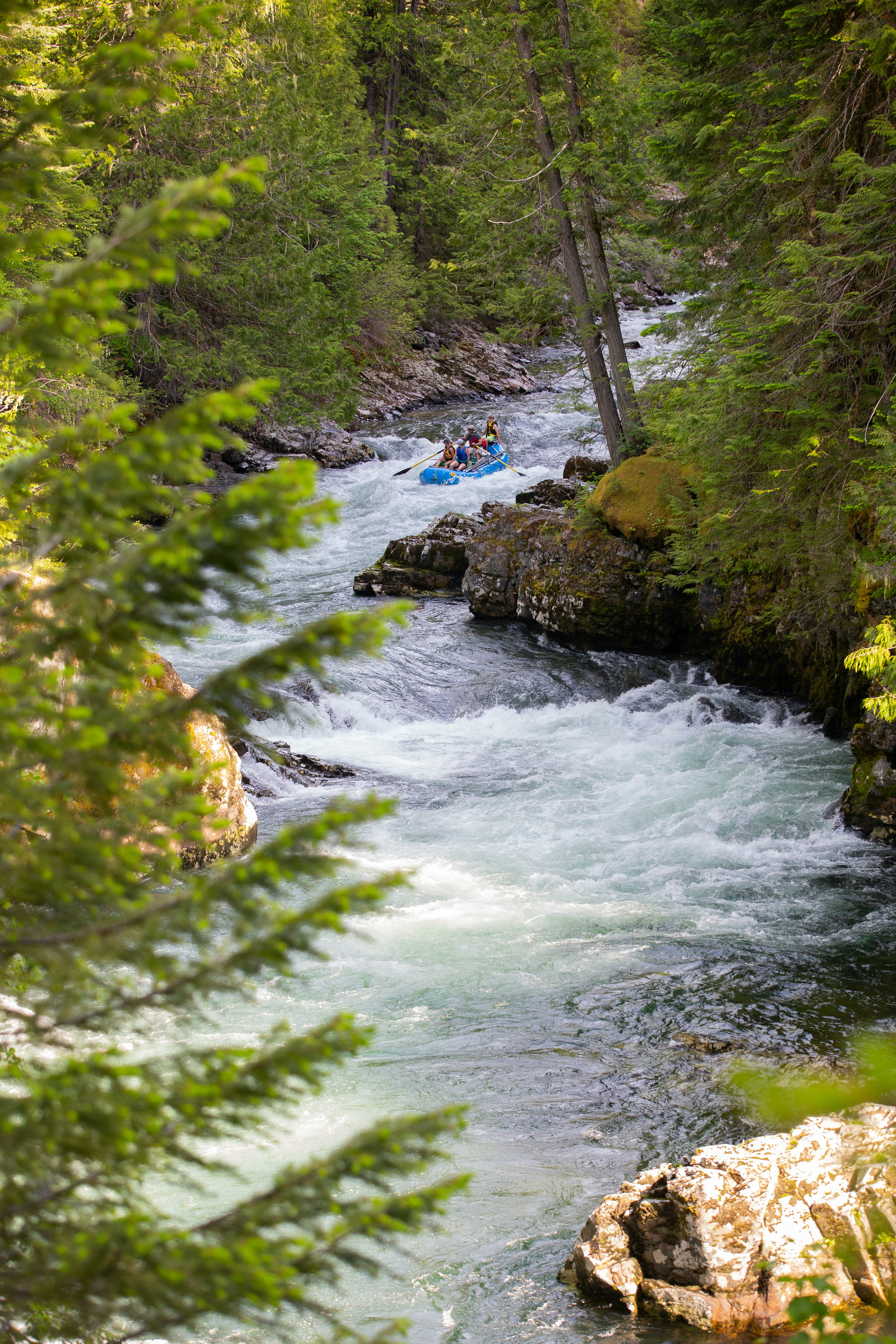 Group of rafters navigating a winding river surrounded by lush greenery and rocky outcrops.