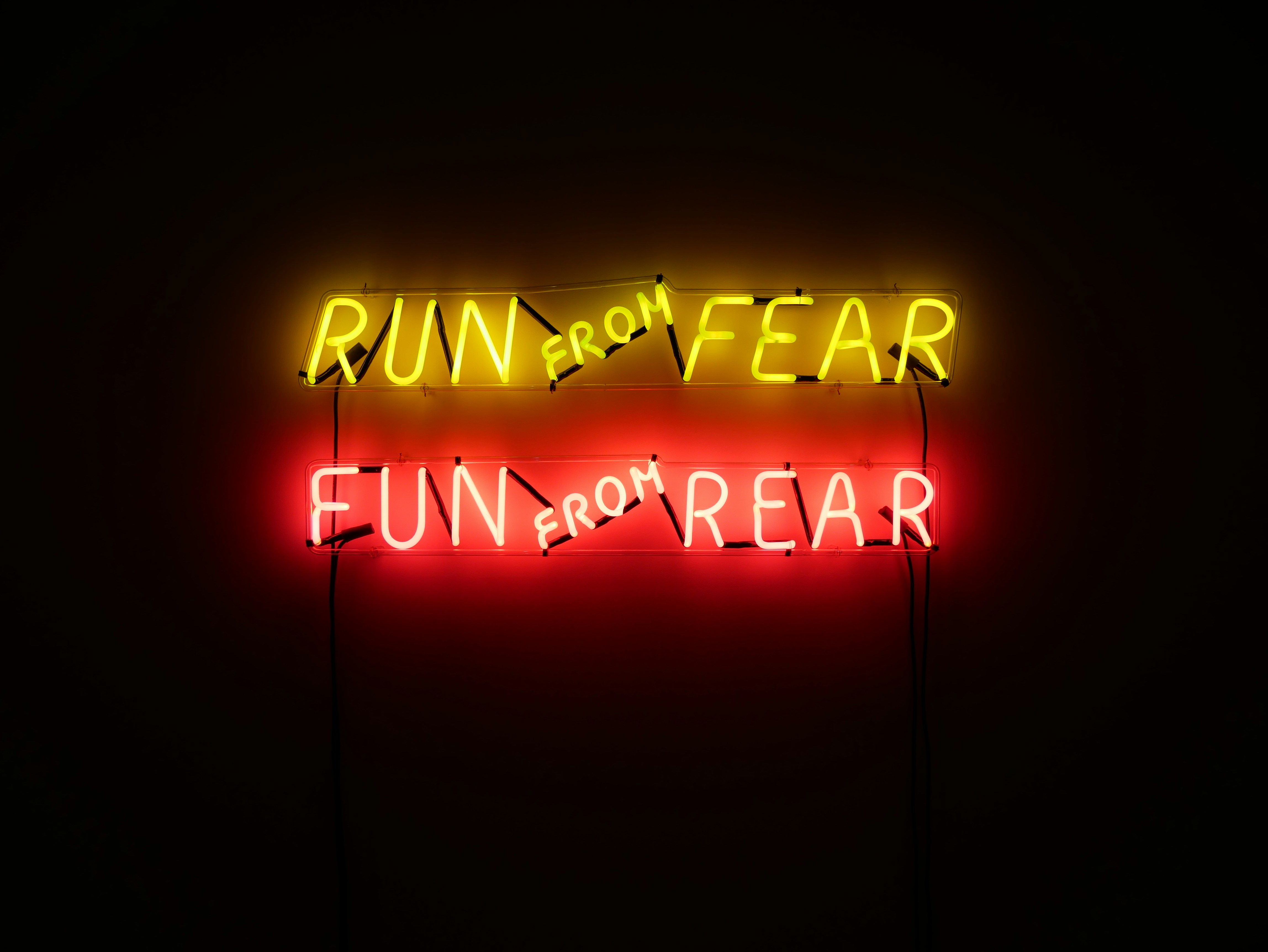 Neon sign featuring the phrases 'RUN from FEAR' and 'FUN from REAR', illuminated against a dark background.