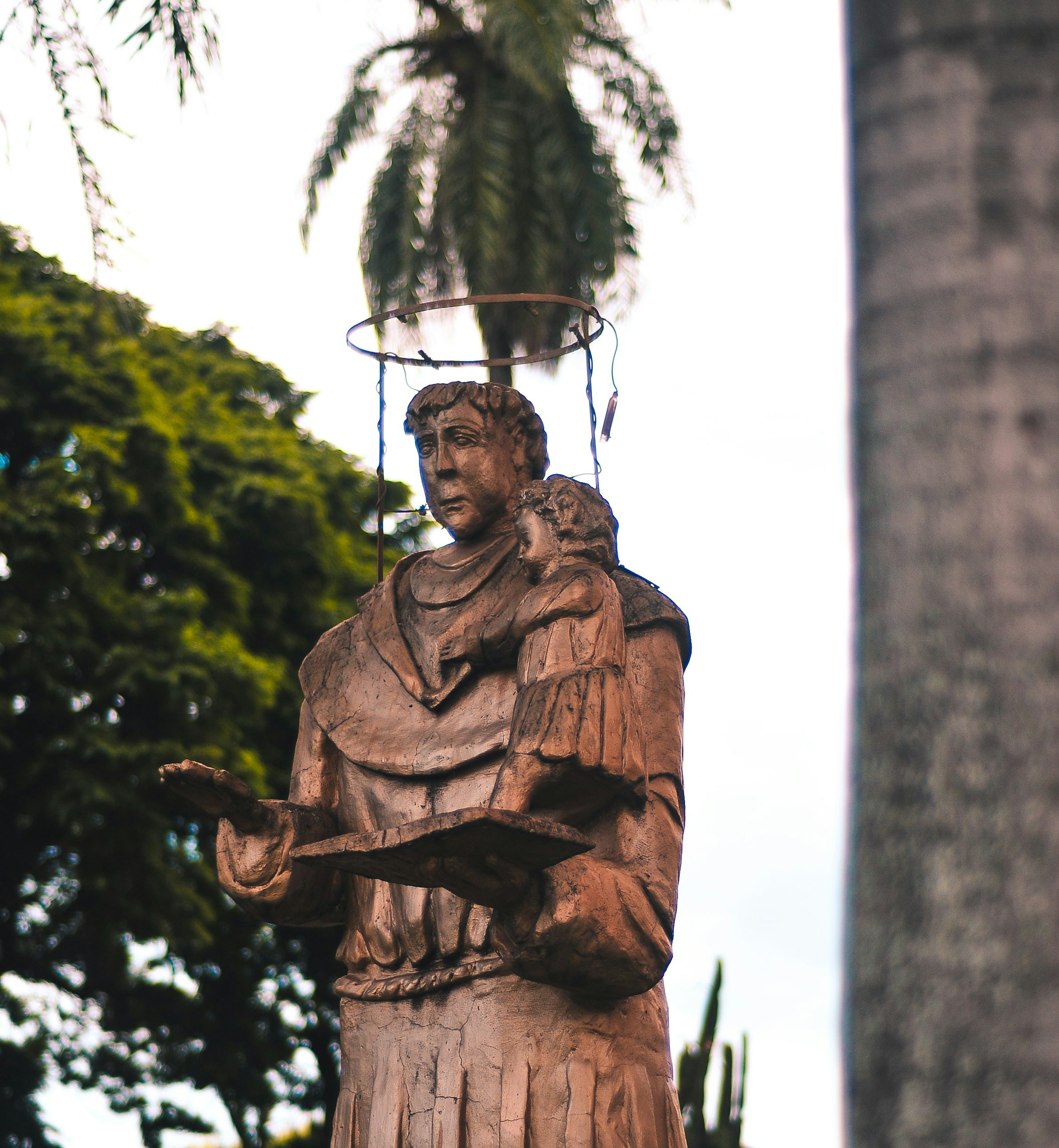 Haloed Statue of Saint with Child: Wooden Carving in a Lush Garden
