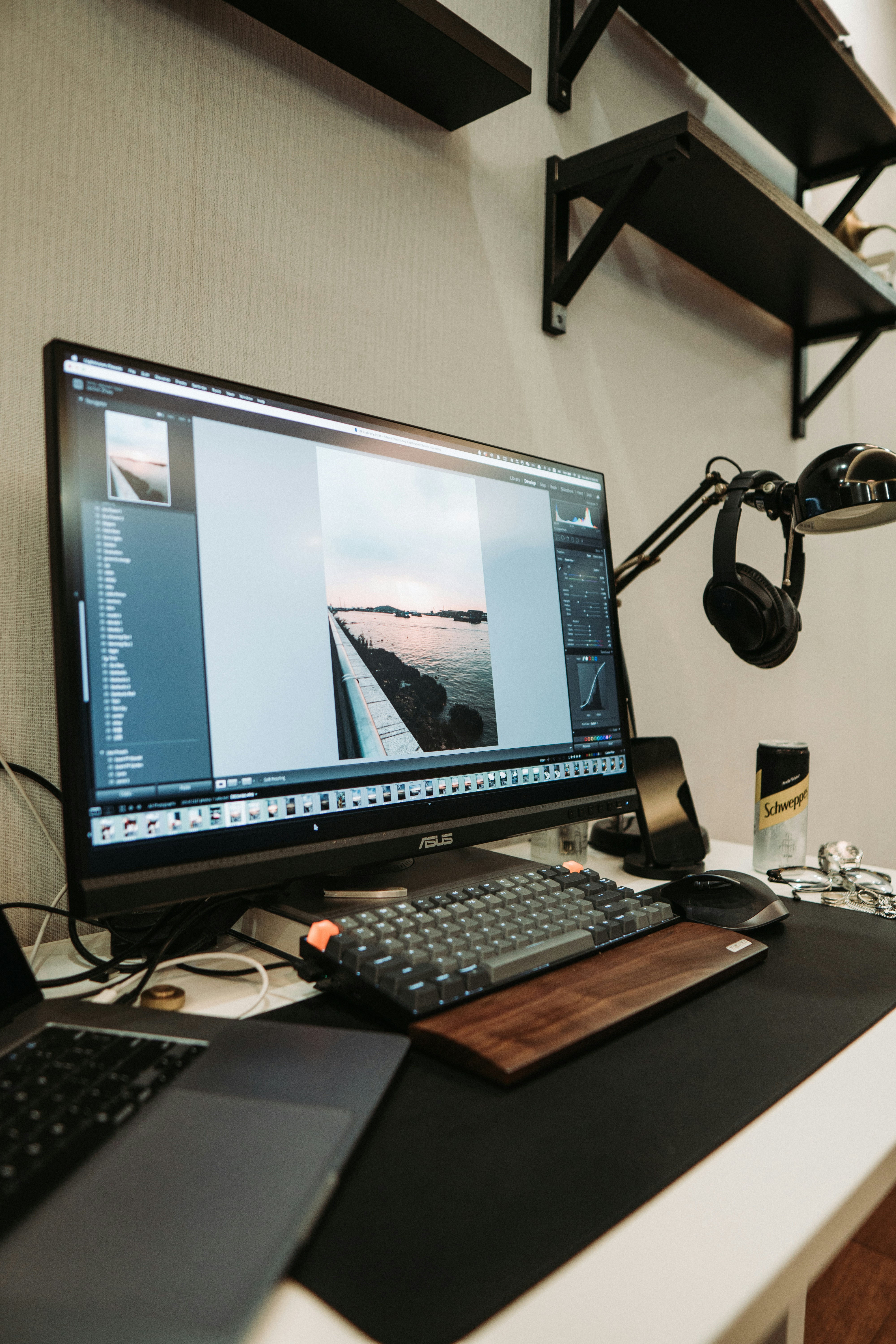 Black flat screen computer monitor on brown wooden desk photo – Free ...