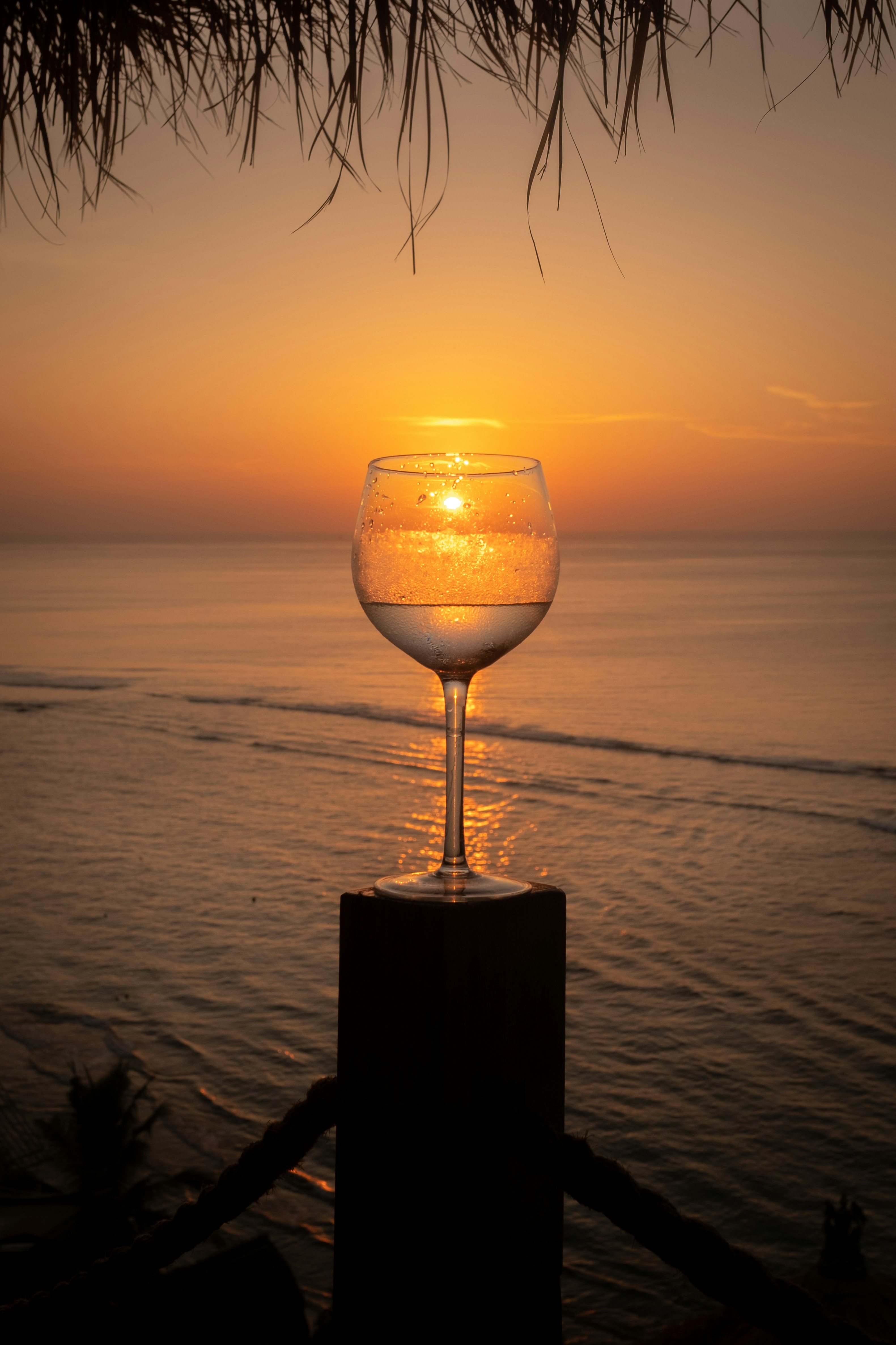A glass of water perched on a wooden post, reflecting the golden hues of a sunset over the ocean. The scene evokes tranquility and the beauty of nature's transition.