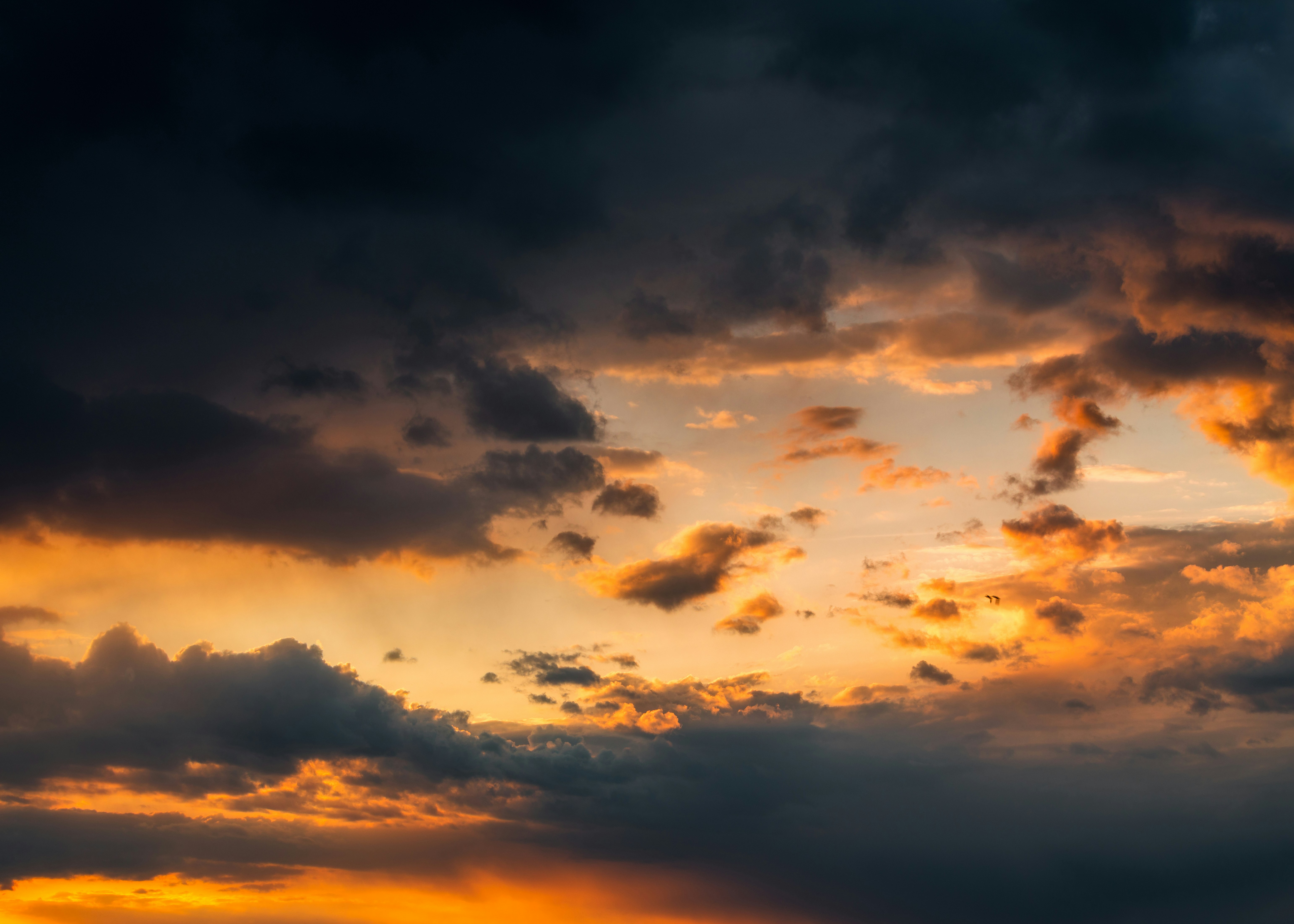 A vibrant sunset illuminating the clouds with hues of orange and gold, contrasted against darkening skies. The dynamic interplay of light and shadow creates a dramatic atmosphere.