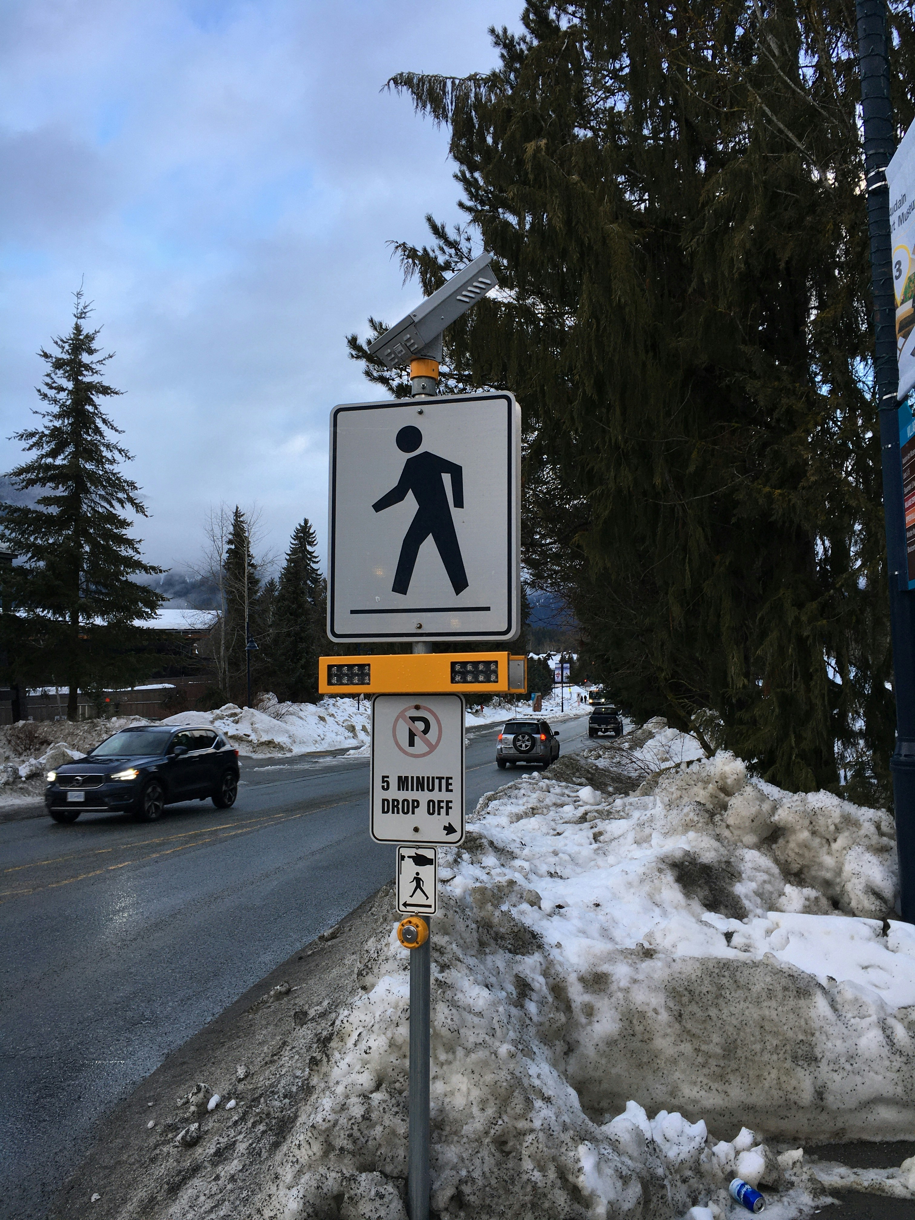 Winter Crossing Vigil: Pedestrian Sign Stands Guard by Snowy Street