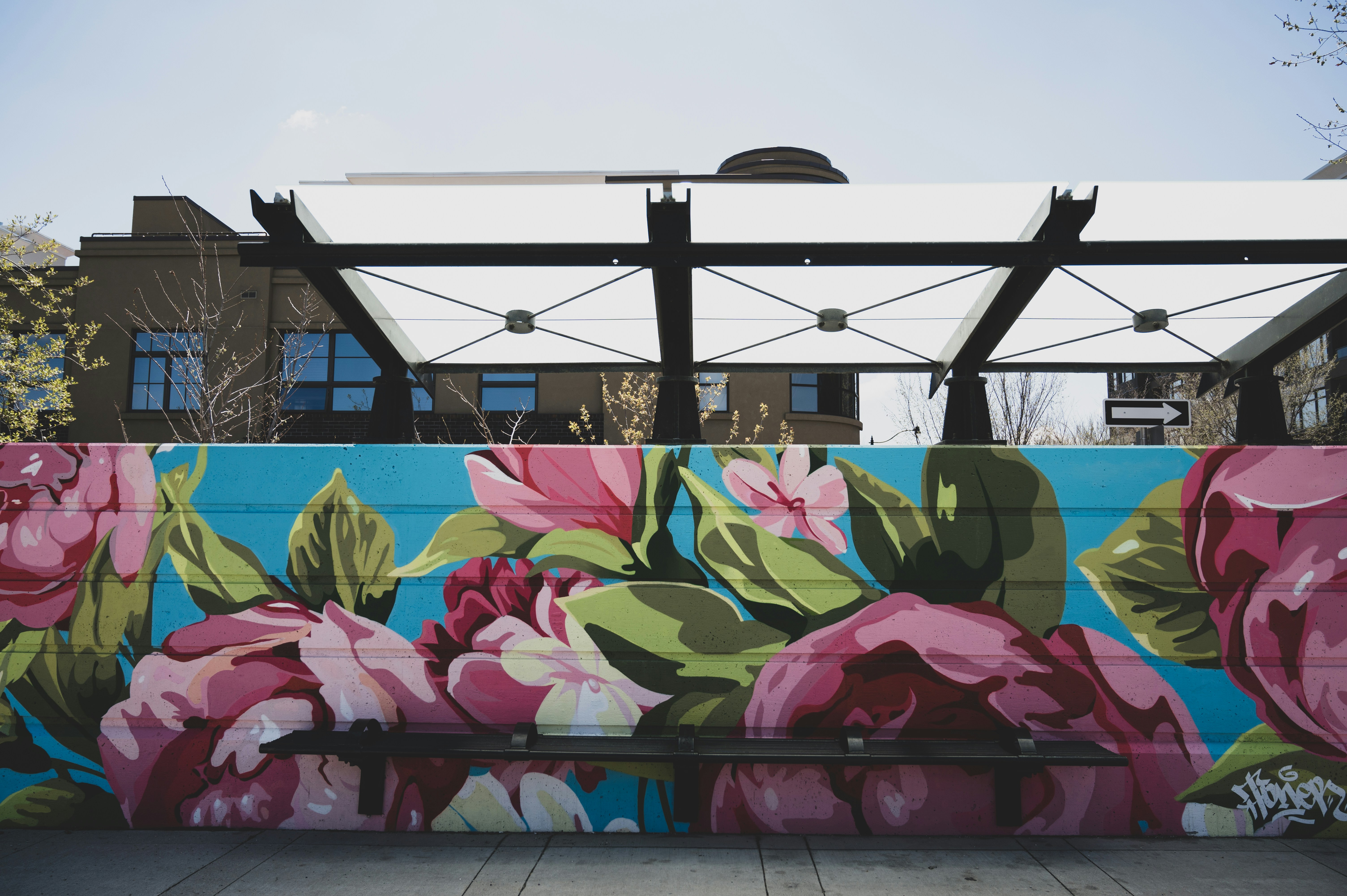 Vibrant mural featuring oversized pink flowers against a blue background, complemented by a modern architectural structure above.