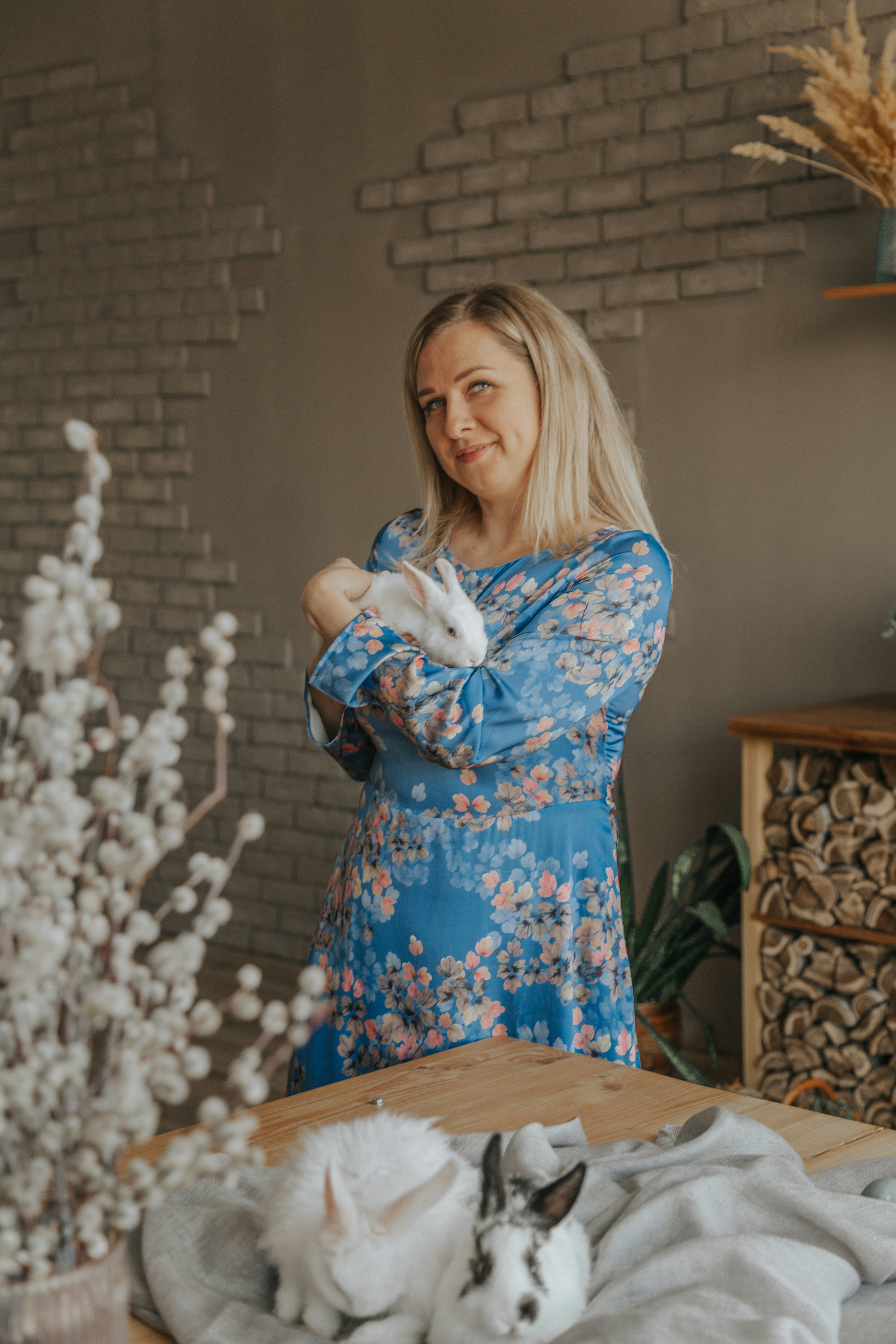 Blue Floral Calm: A Gentle Moment with a Bunny