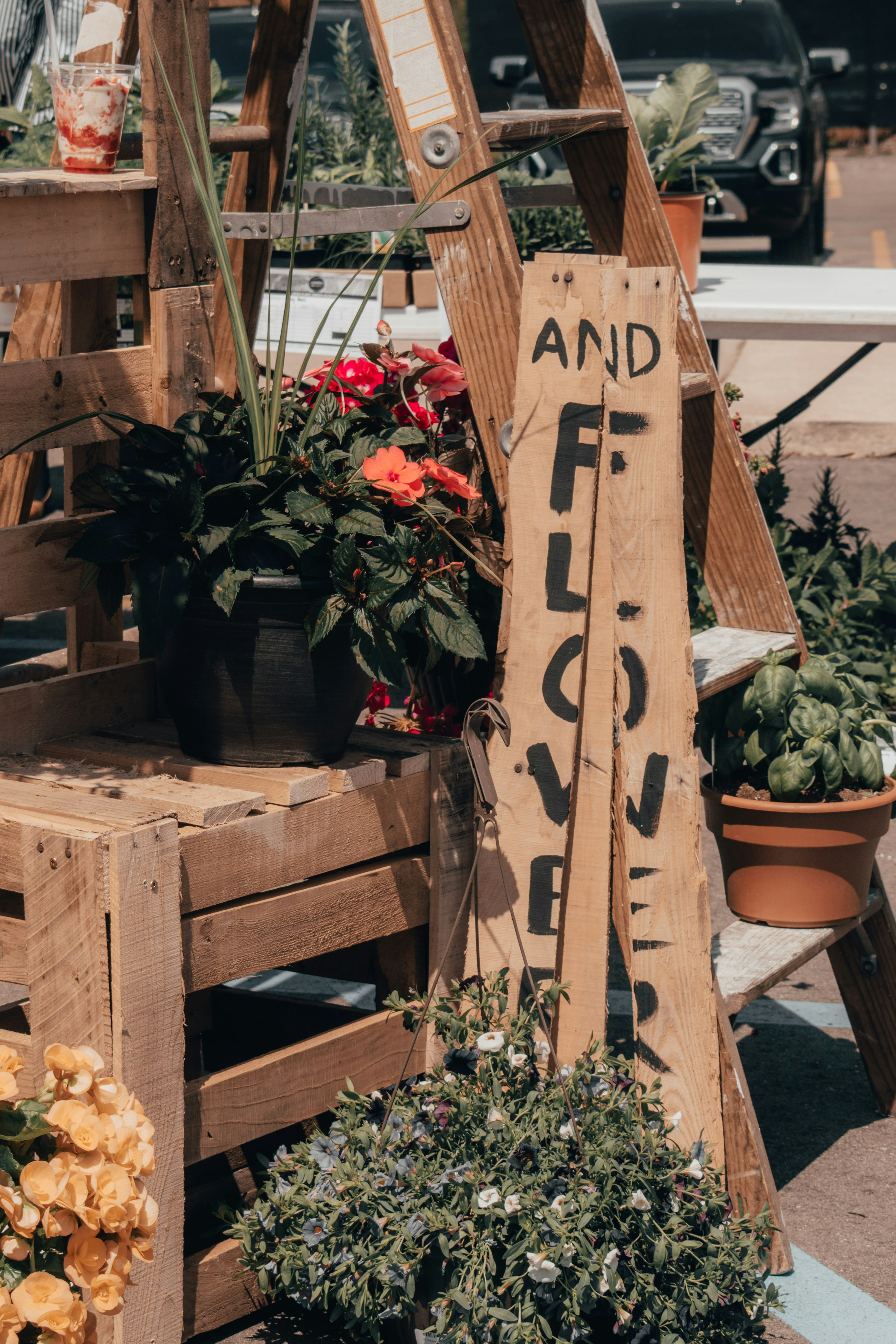 Vertical Wooden Sign Adorned with Potted Flowers at a Market Stack