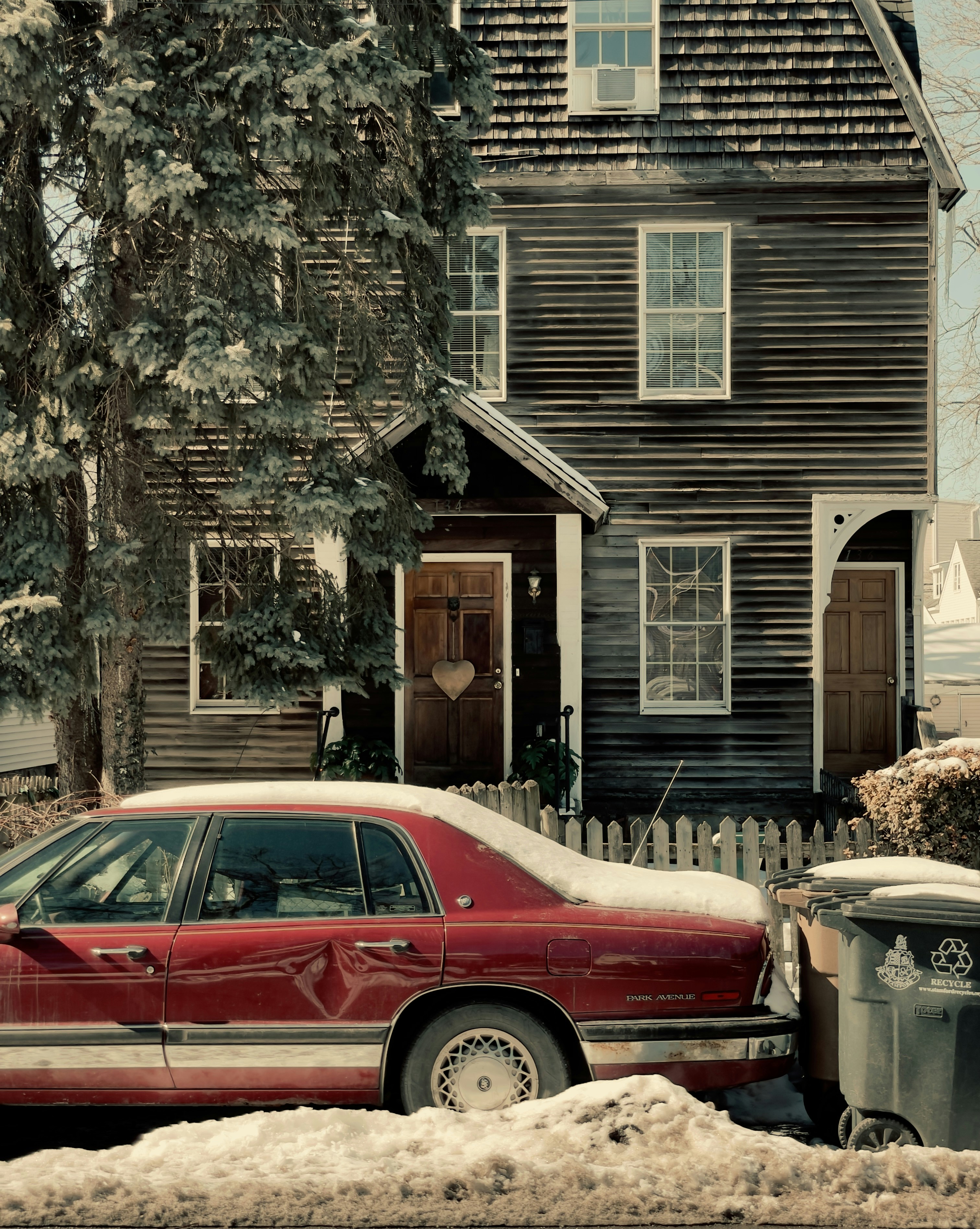 Old House, Red Car, and Snowy Street: A Quiet Winter Sketch