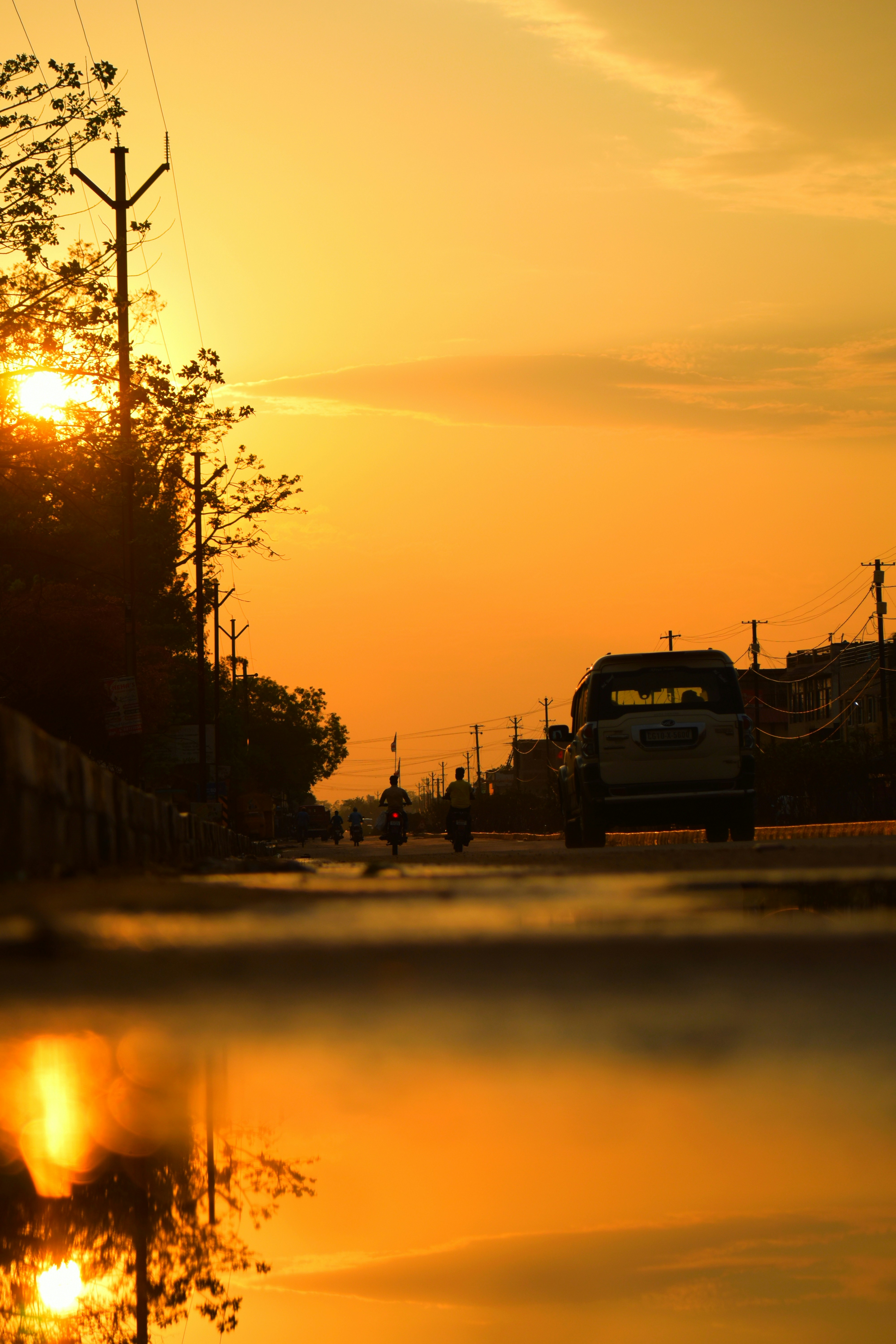 Dusk on the Quiet Boulevard: Sunset Silhouettes and a Glowing Puddle