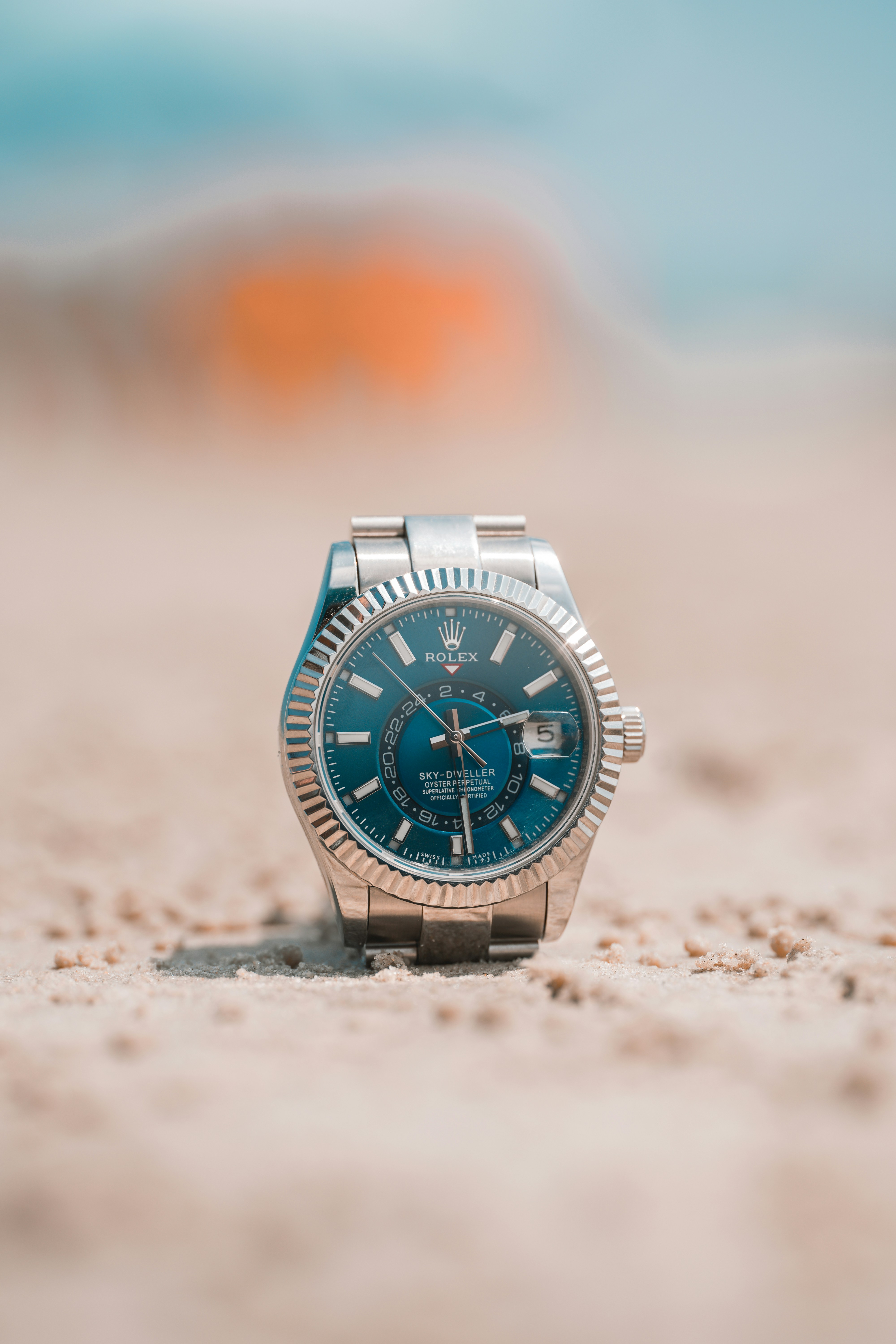 silver link bracelet blue round analog watch