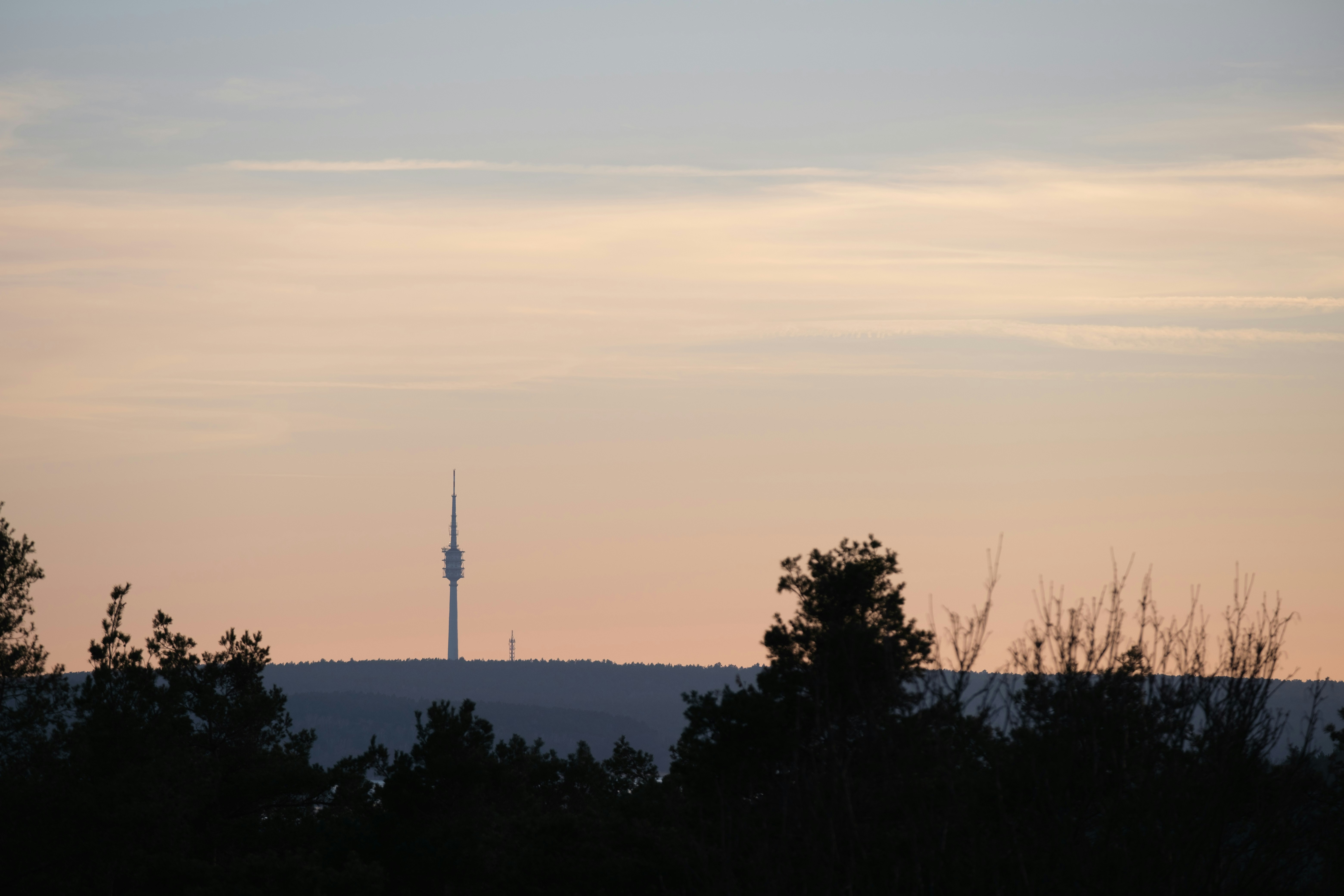 Telecommunication tower silhouetted against a pastel sky during twilight, framed by distant trees.