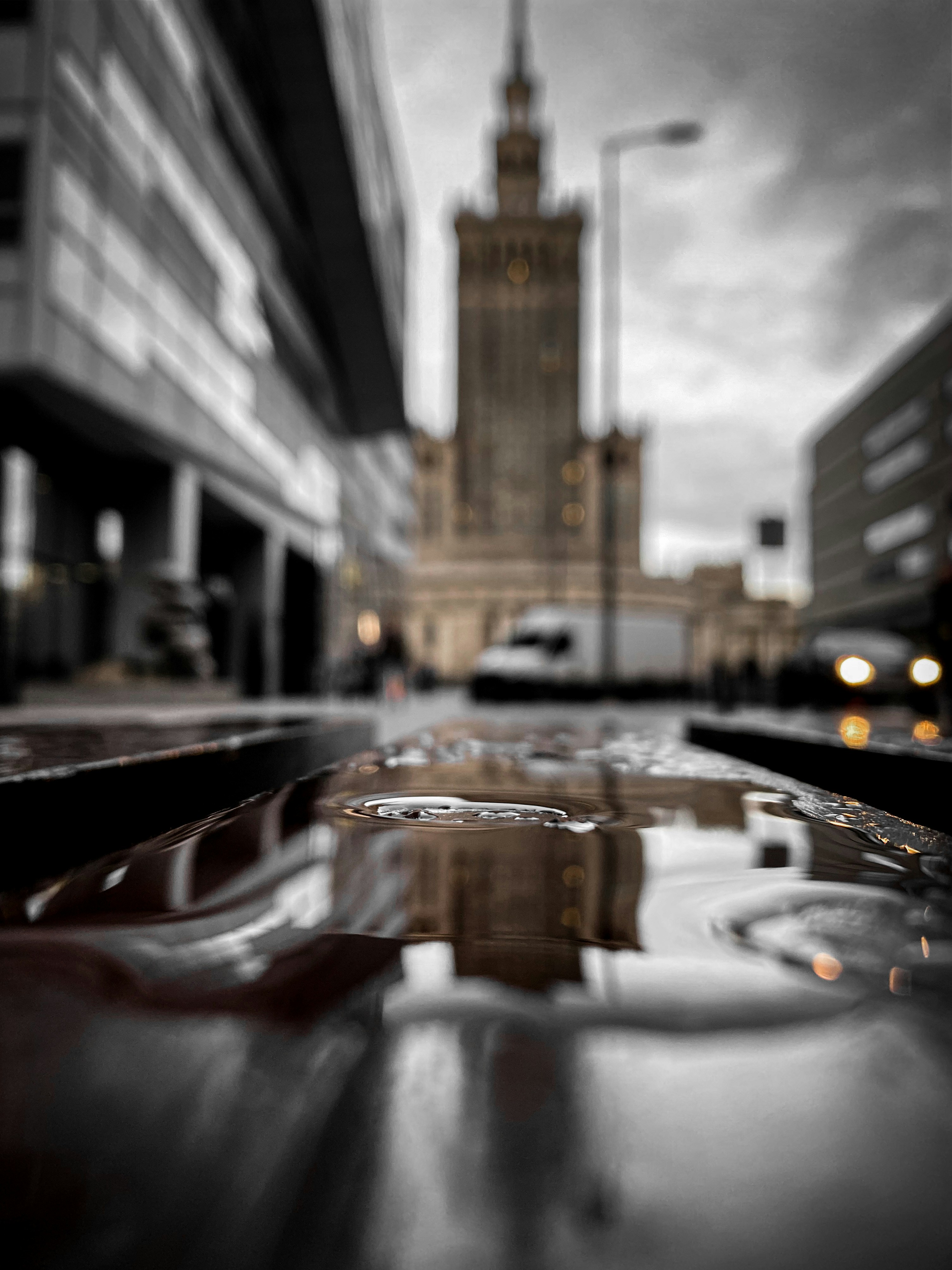 Rain-slick City Echo: Reflections Lead Toward the Tower