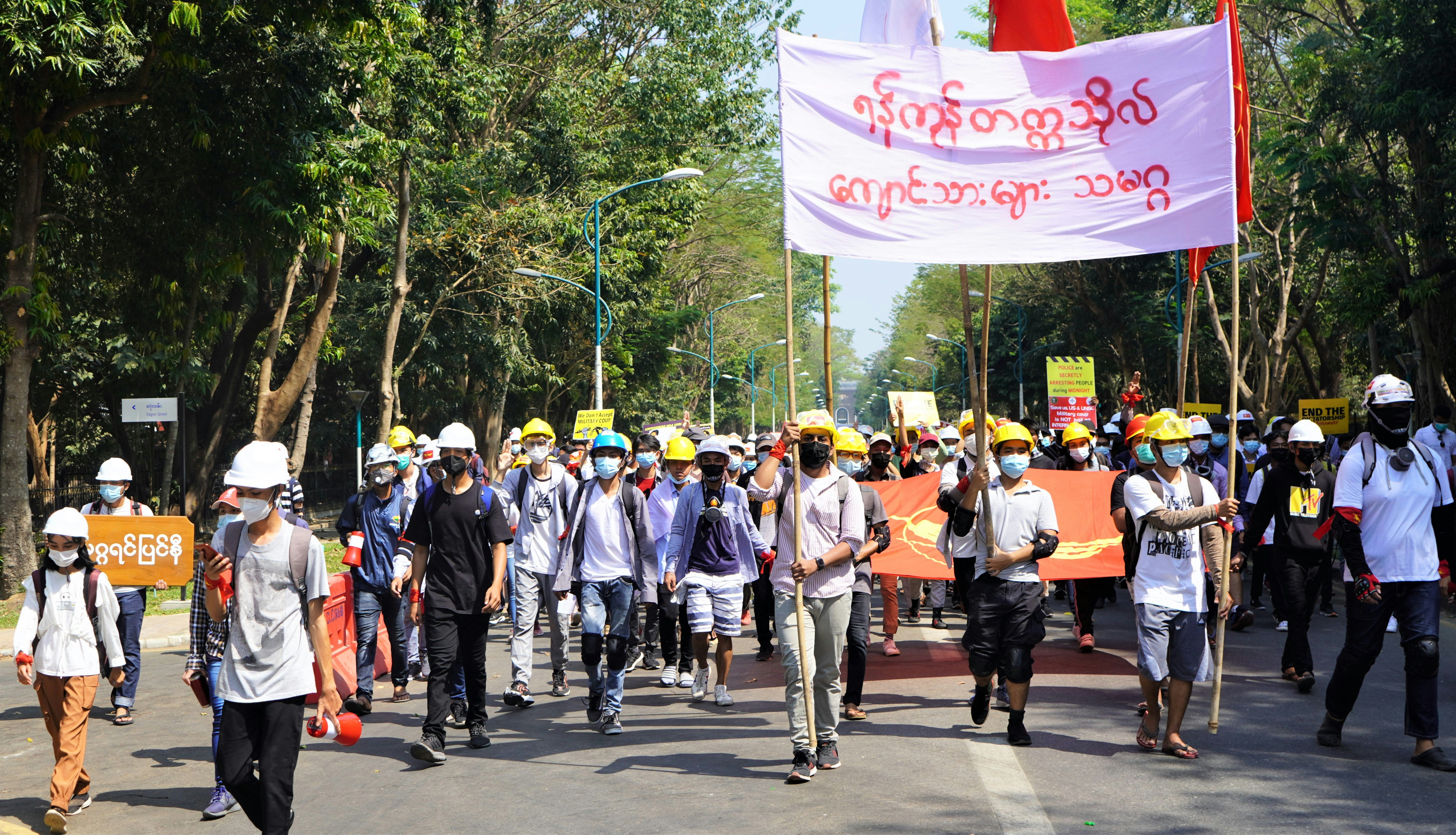 Group of people walking on a tree-lined street carrying banners and signs during the day.