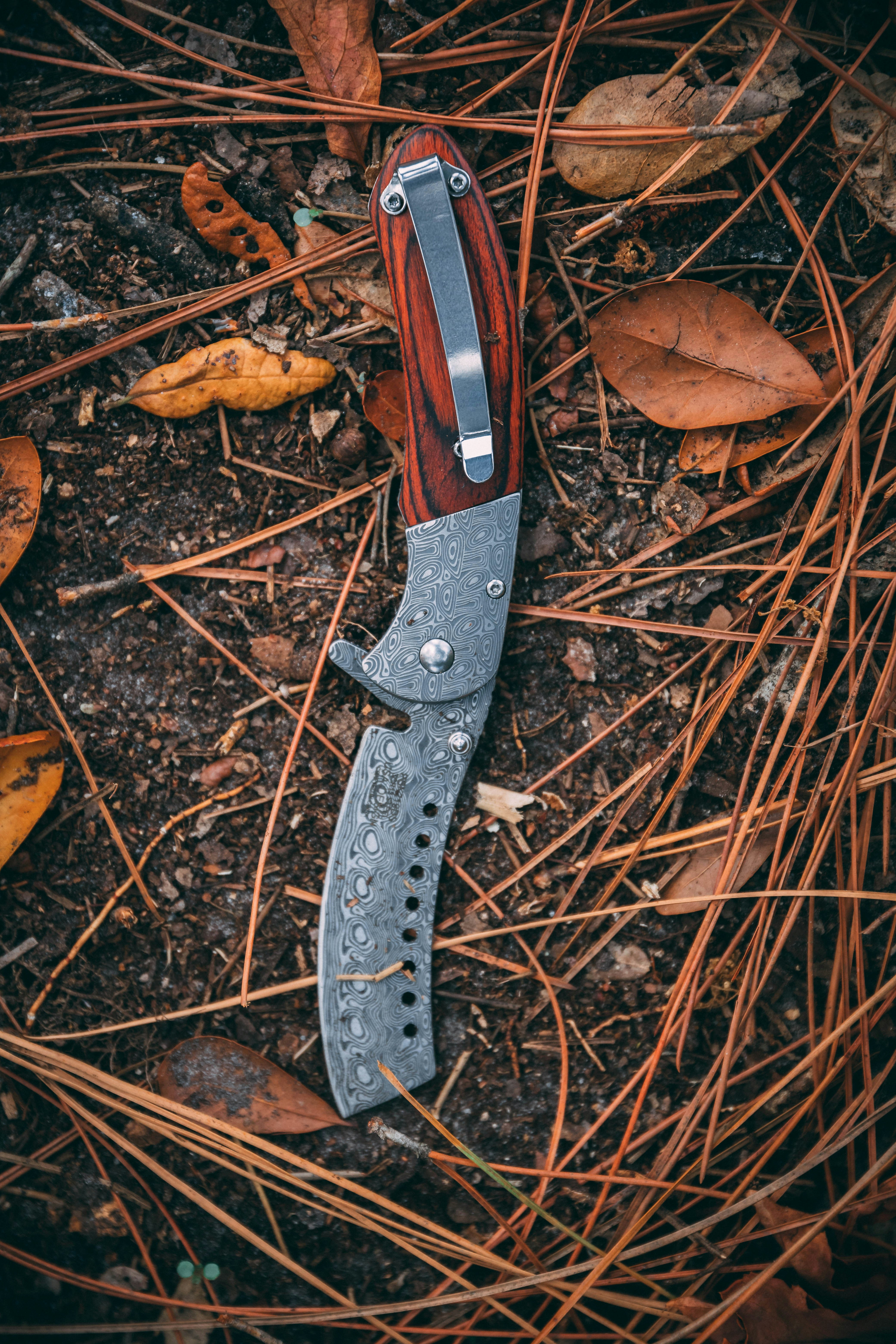 knife laying on the ground | black and silver folding knife on brown dried leaves