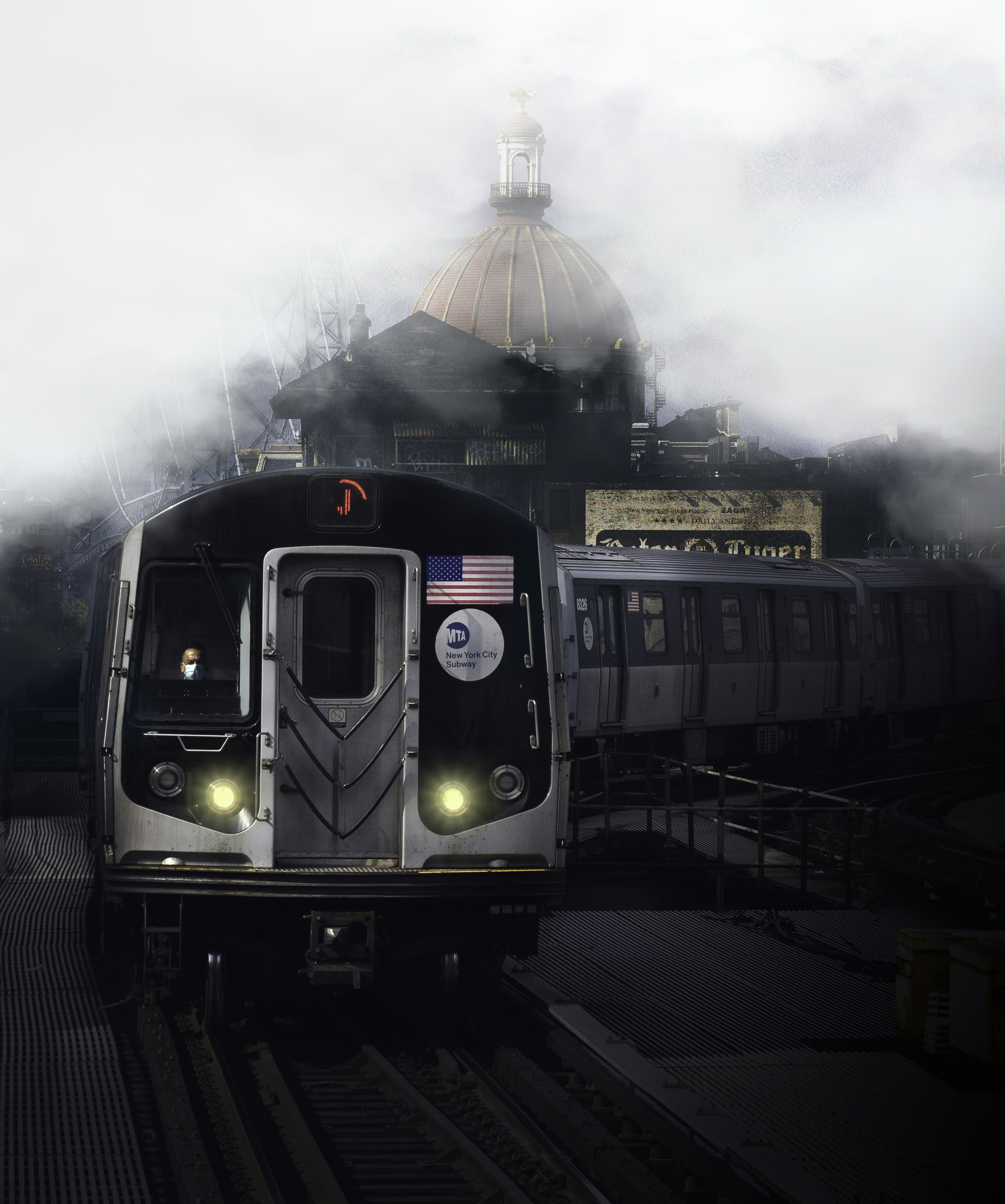 Fogbound Front Engine: A Commuter Train Emerging by the Dome in Mist