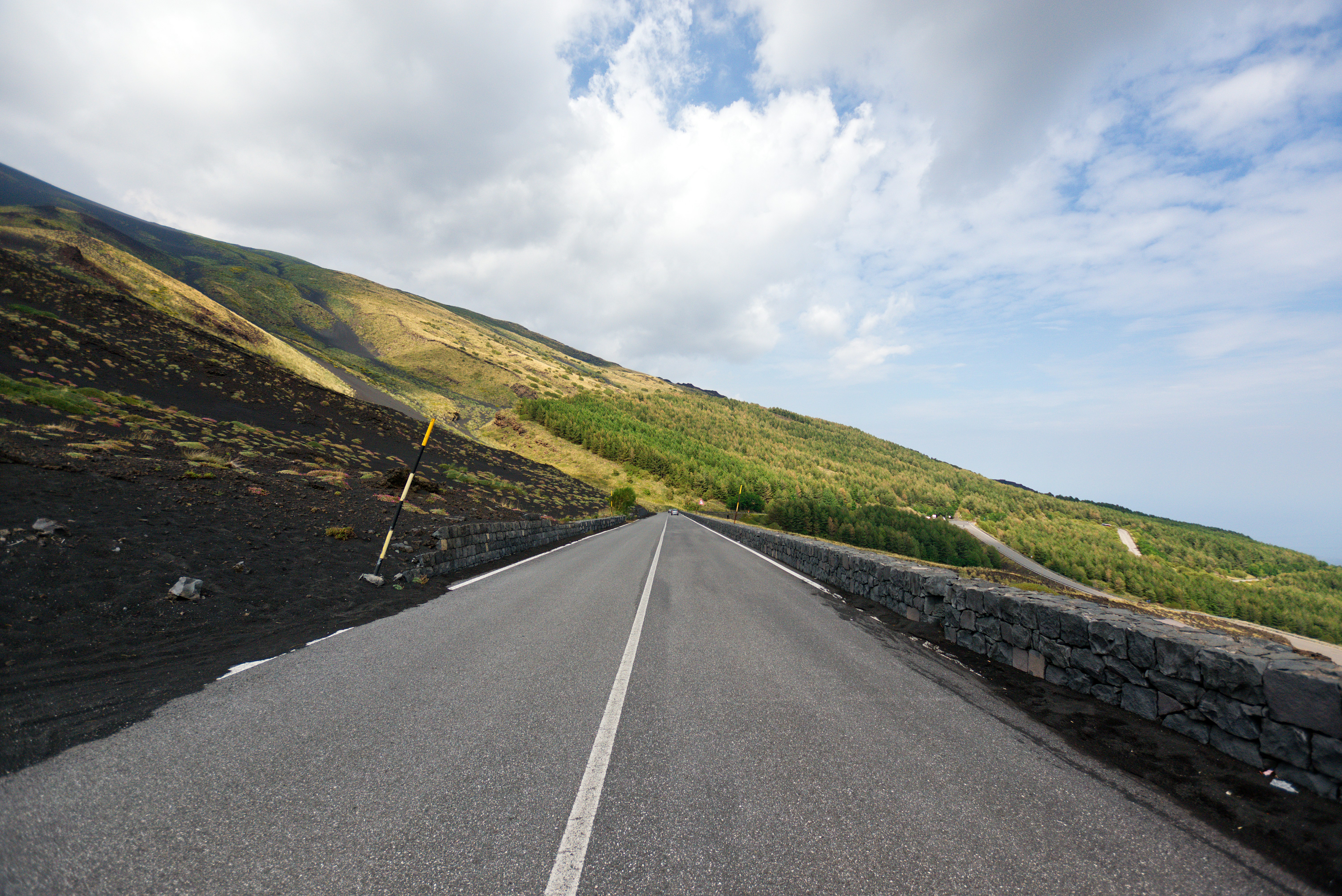 Empty road stretching between lush green fields under a sky filled with white clouds.