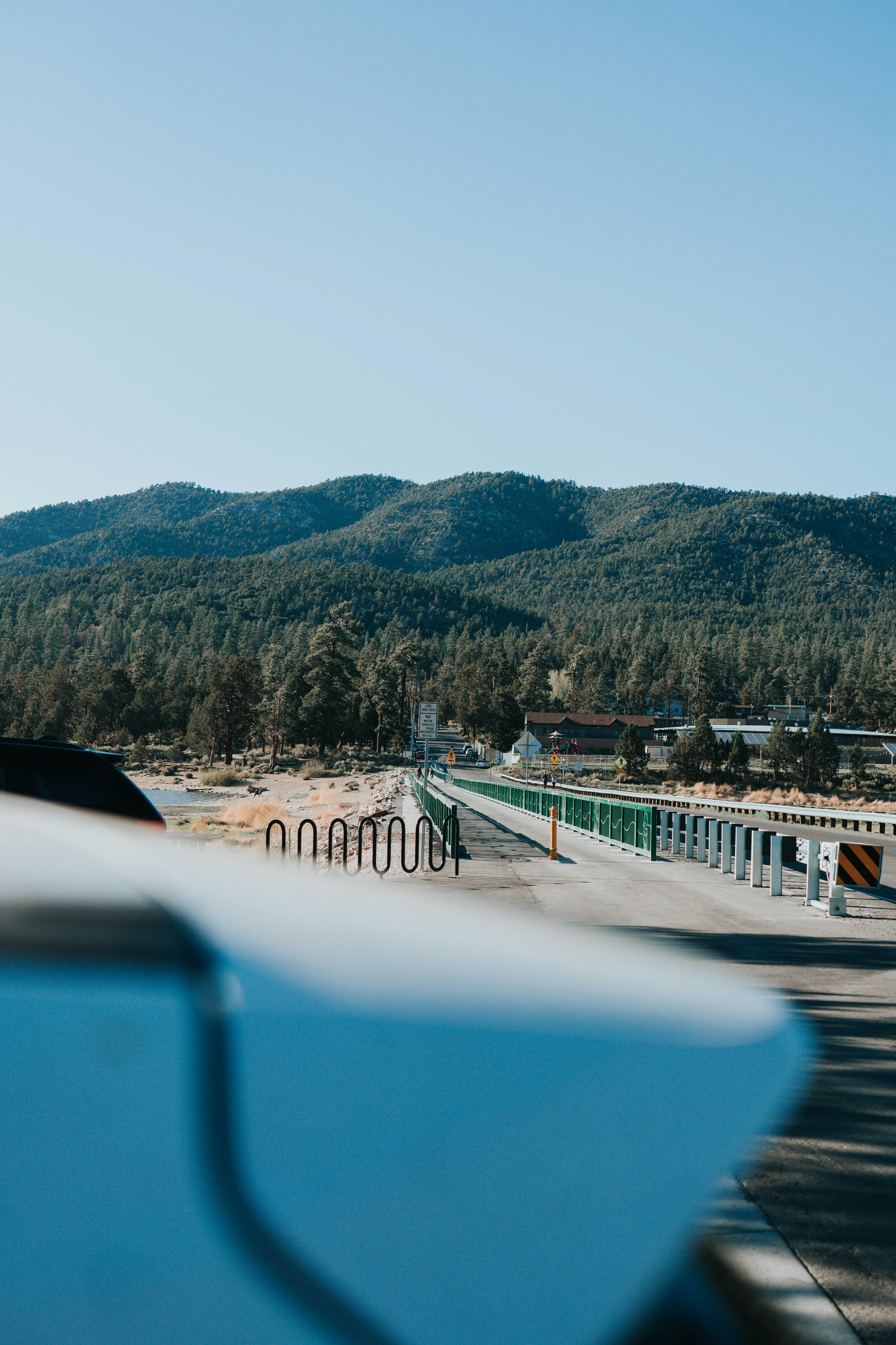 A scenic view of a pathway lined with trees leading to distant mountains, captured from a low angle. The foreground features a hint of a vehicle, adding context to the tranquil setting.
