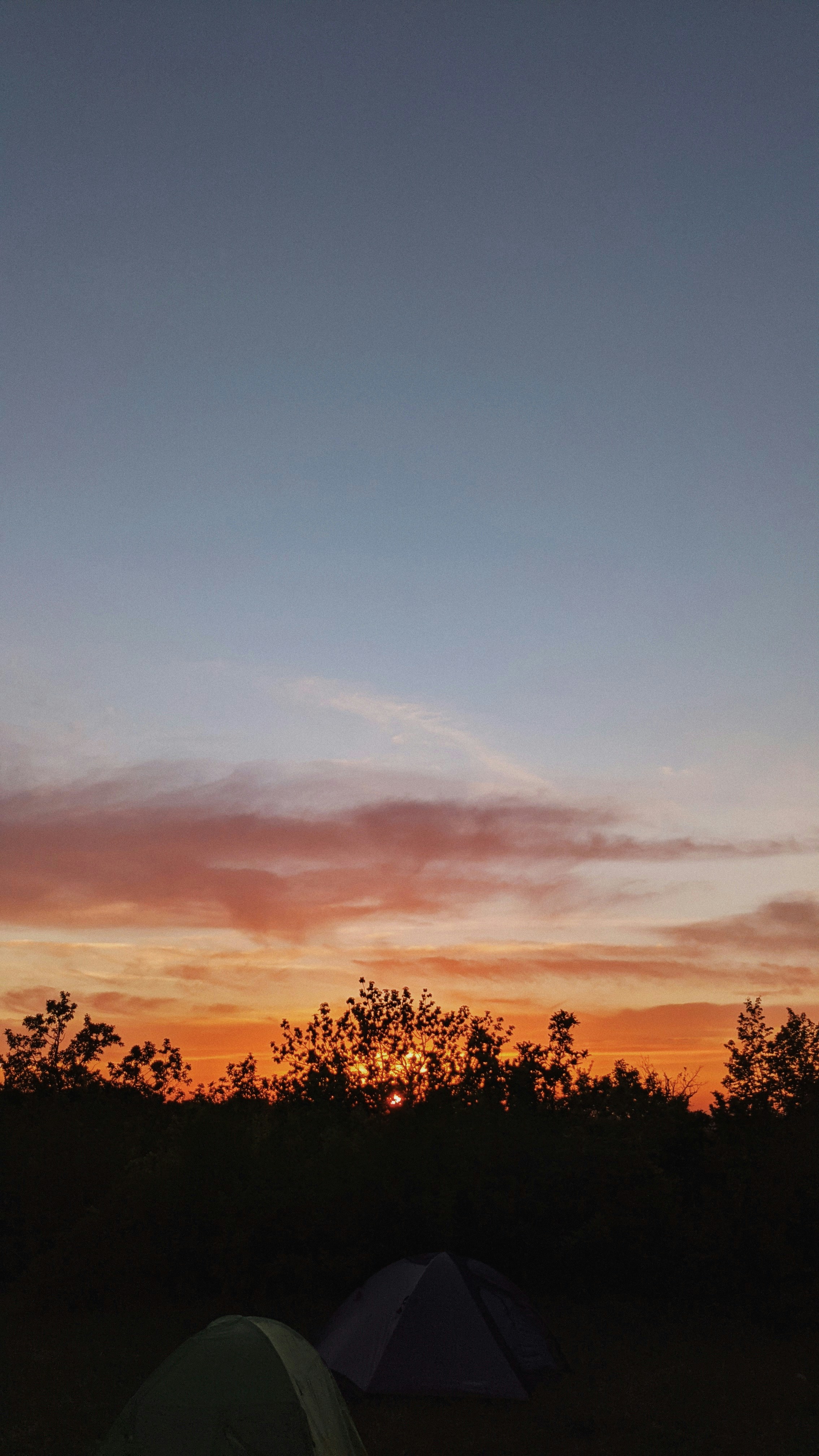 Sunset paints the sky behind a line of treetops, with tents silhouetted in the foreground.