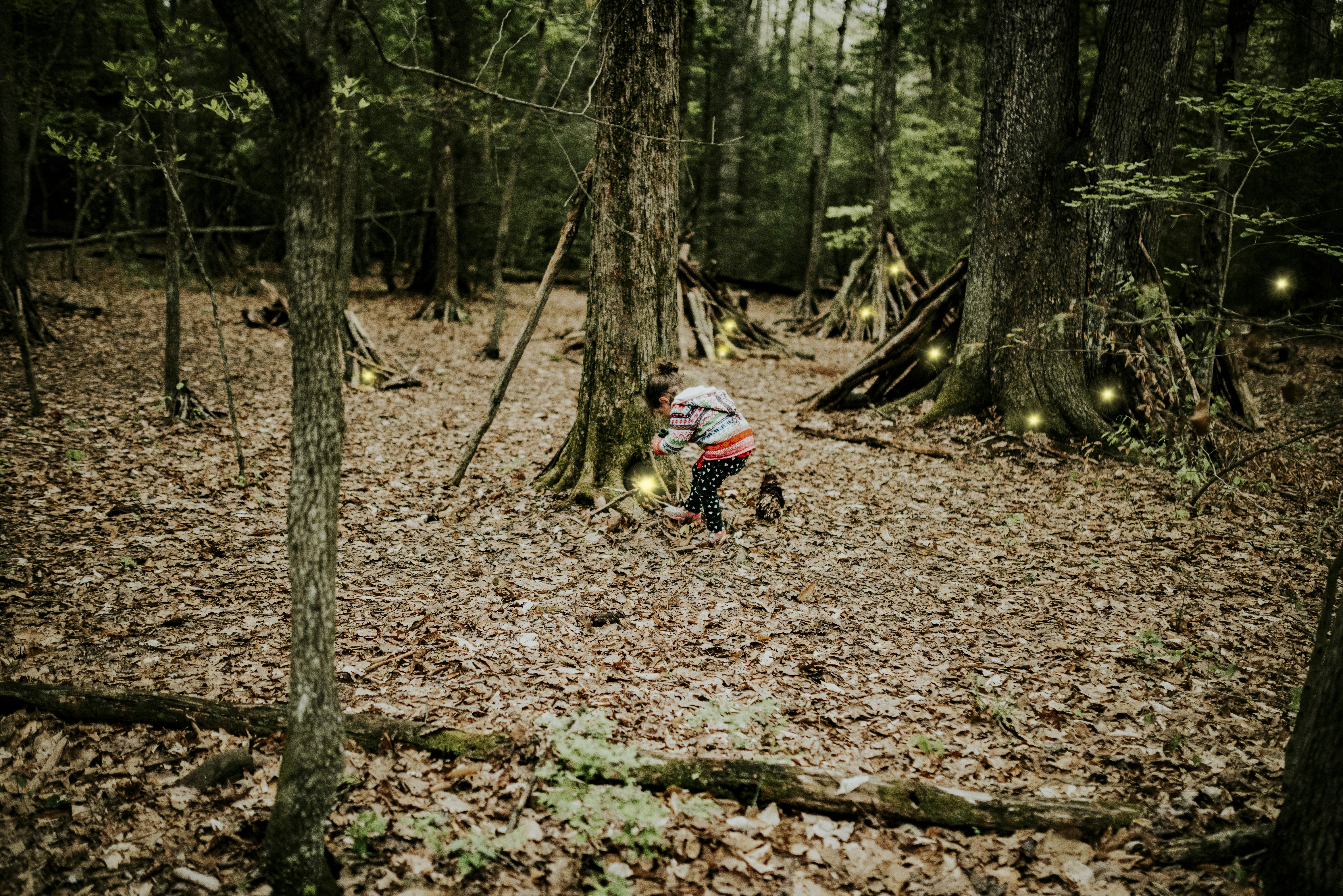 Child exploring the forest floor, surrounded by trees and scattered leaves, with hints of magical light. 