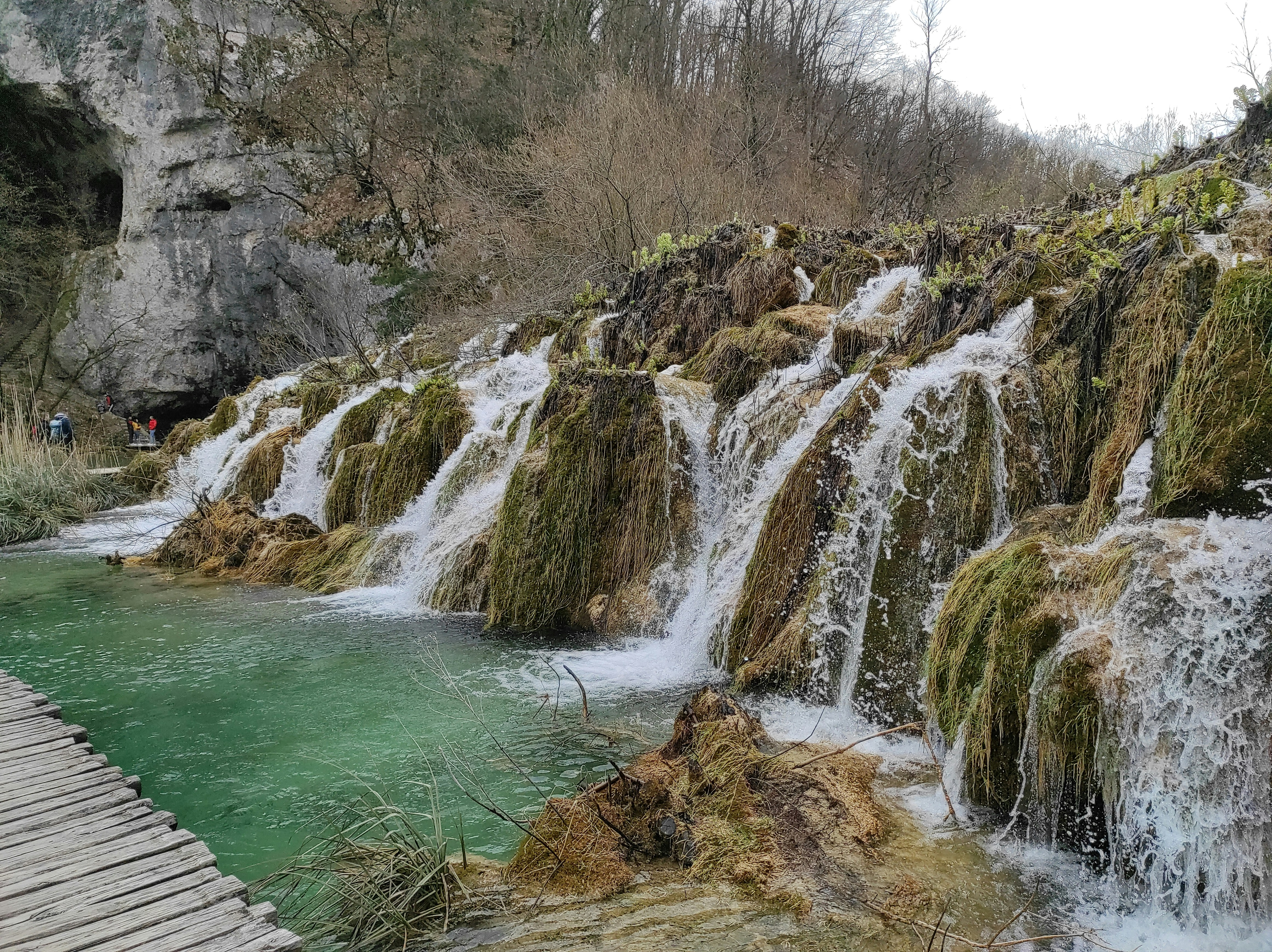 Emerald Cascade along a Mossy Terrace, Framed by a Wooden Walkway