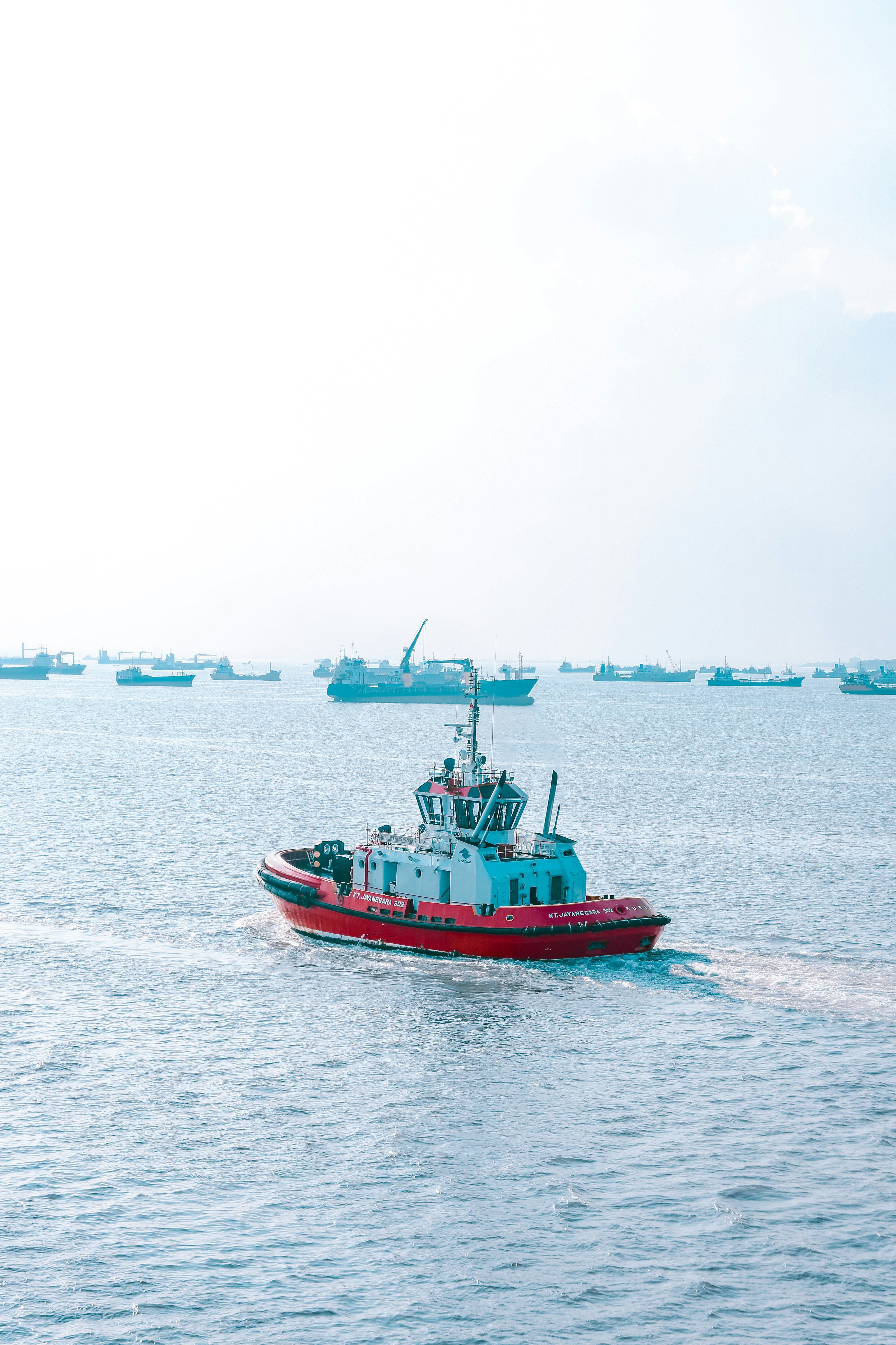 Red Tugboat Leads a Harbor Parade at Dawn